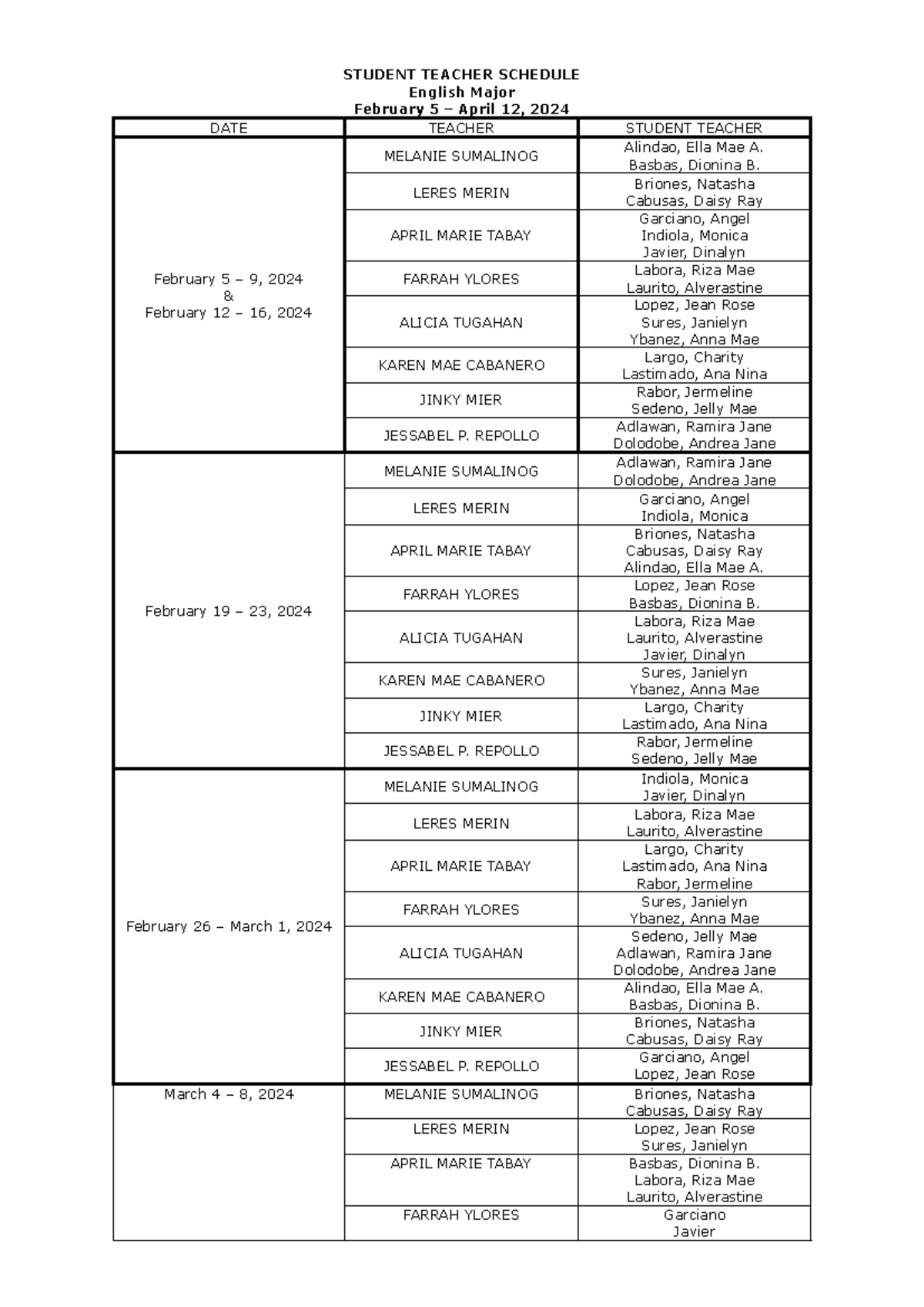 Student- Teacher- Schedule - STUDENT TEACHER SCHEDULE English Major ...