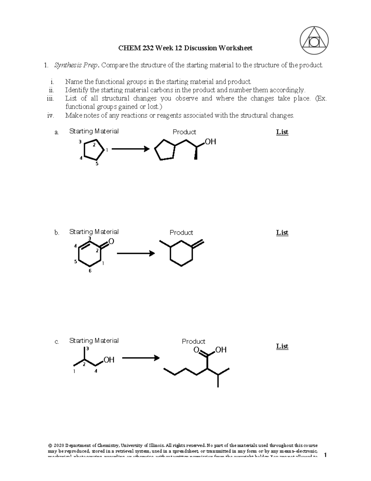 Disc Worksheet 12 - n/a - 1 CHEM 232 Week 12 Discussion Worksheet 1 ...