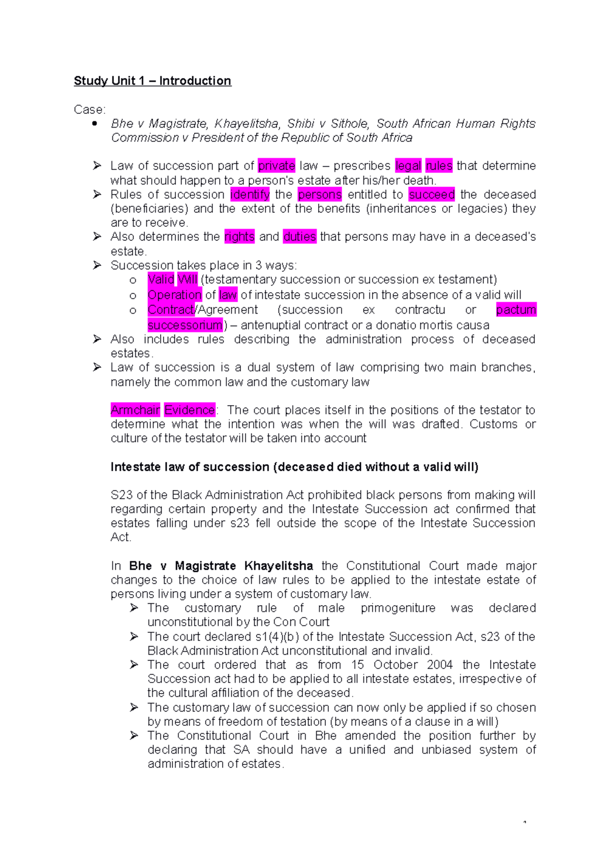 Succession Summary - NOTES - Study Unit 1 – Introduction Case: Bhe v ...