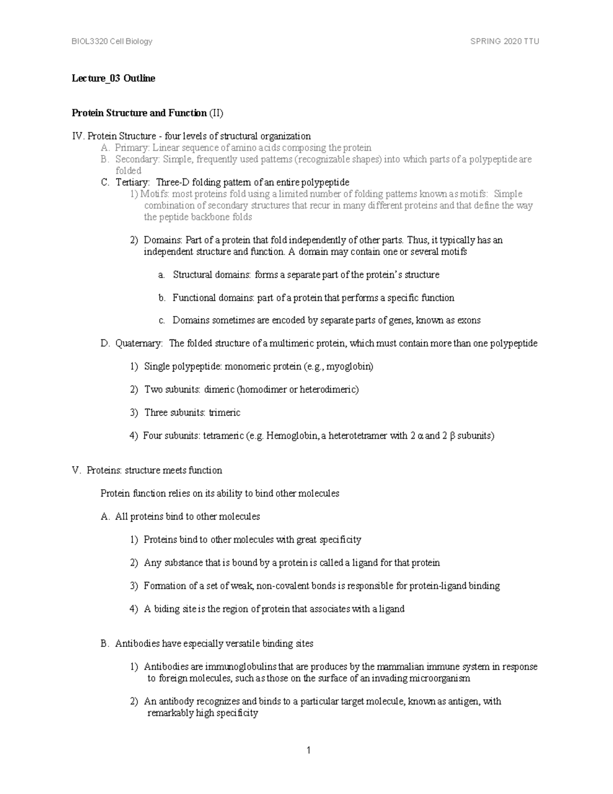 Lecture 3 - Dr. Xie - Lecture_03 Outline Protein Structure and Function ...