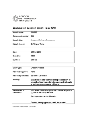 Advanced software engineering 2016 past paper and answers - SOLUTIONS ...