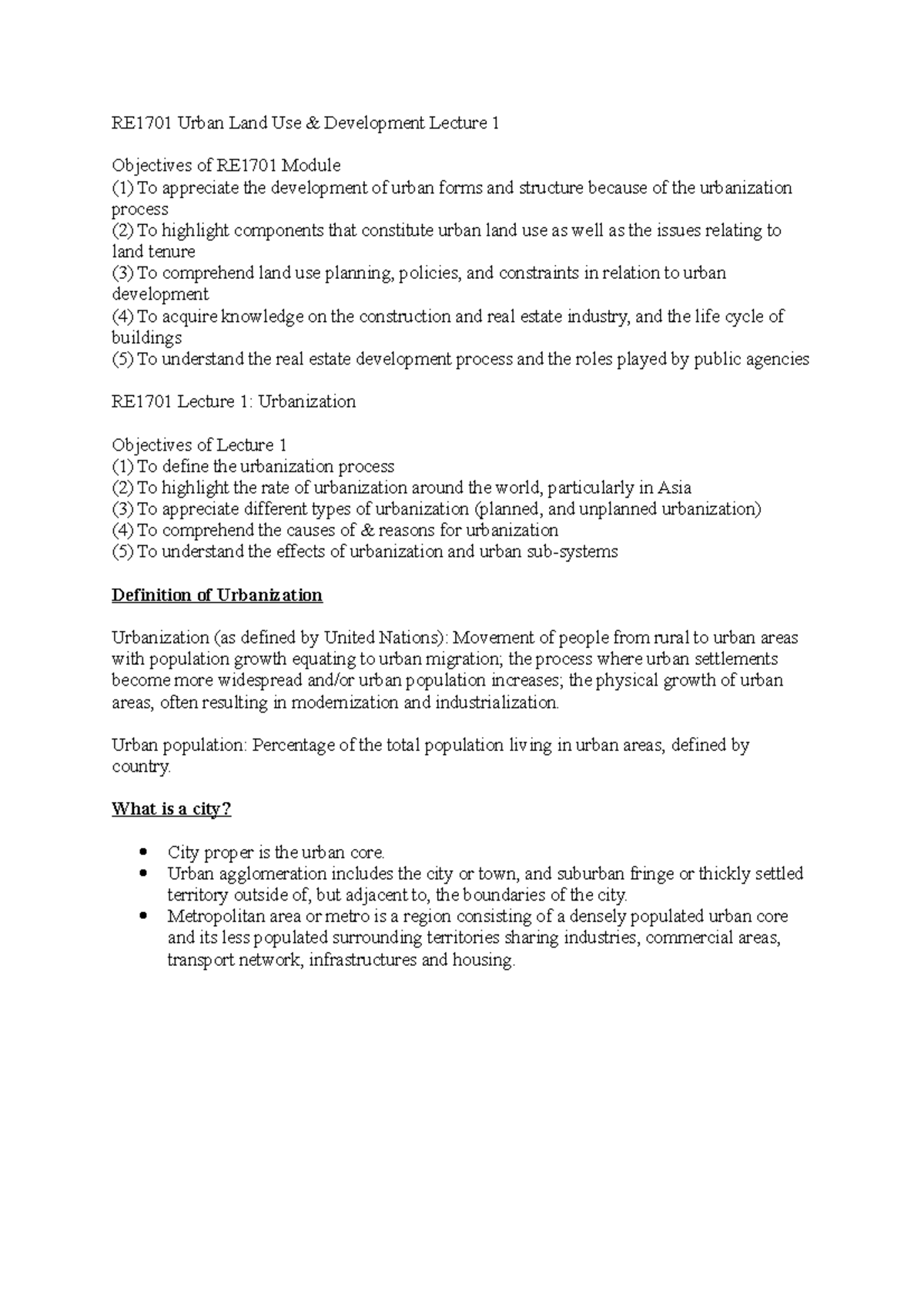 RE1701 Lecture 1 Summary - RE1701 Urban Land Use & Development Lecture ...