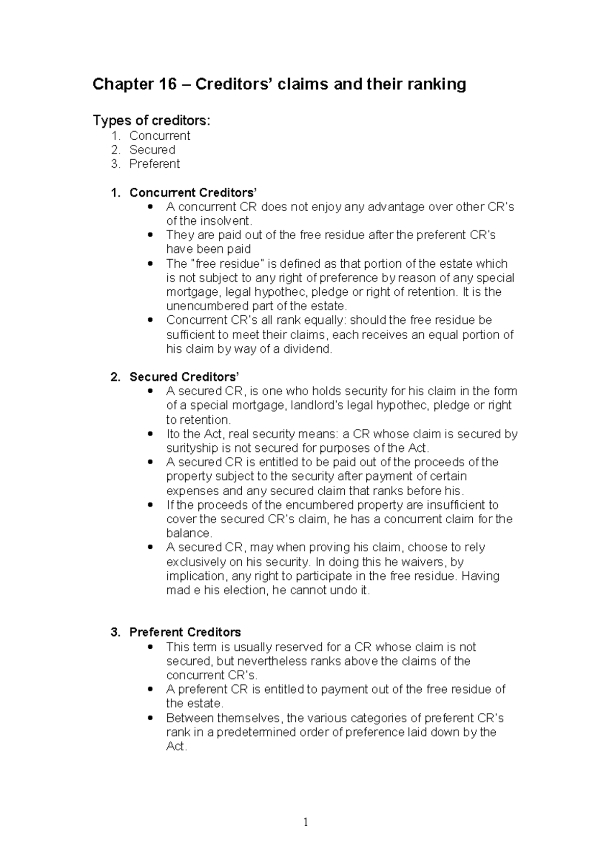 Chapter 16 - Chapter 16 – Creditors’ claims and their ranking Types of ...