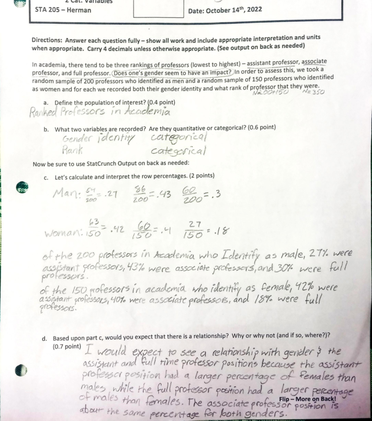 STA 205 Quiz 5 - STA 205 Quiz 5 - STA 205 - Herman Date: October 14 th ...