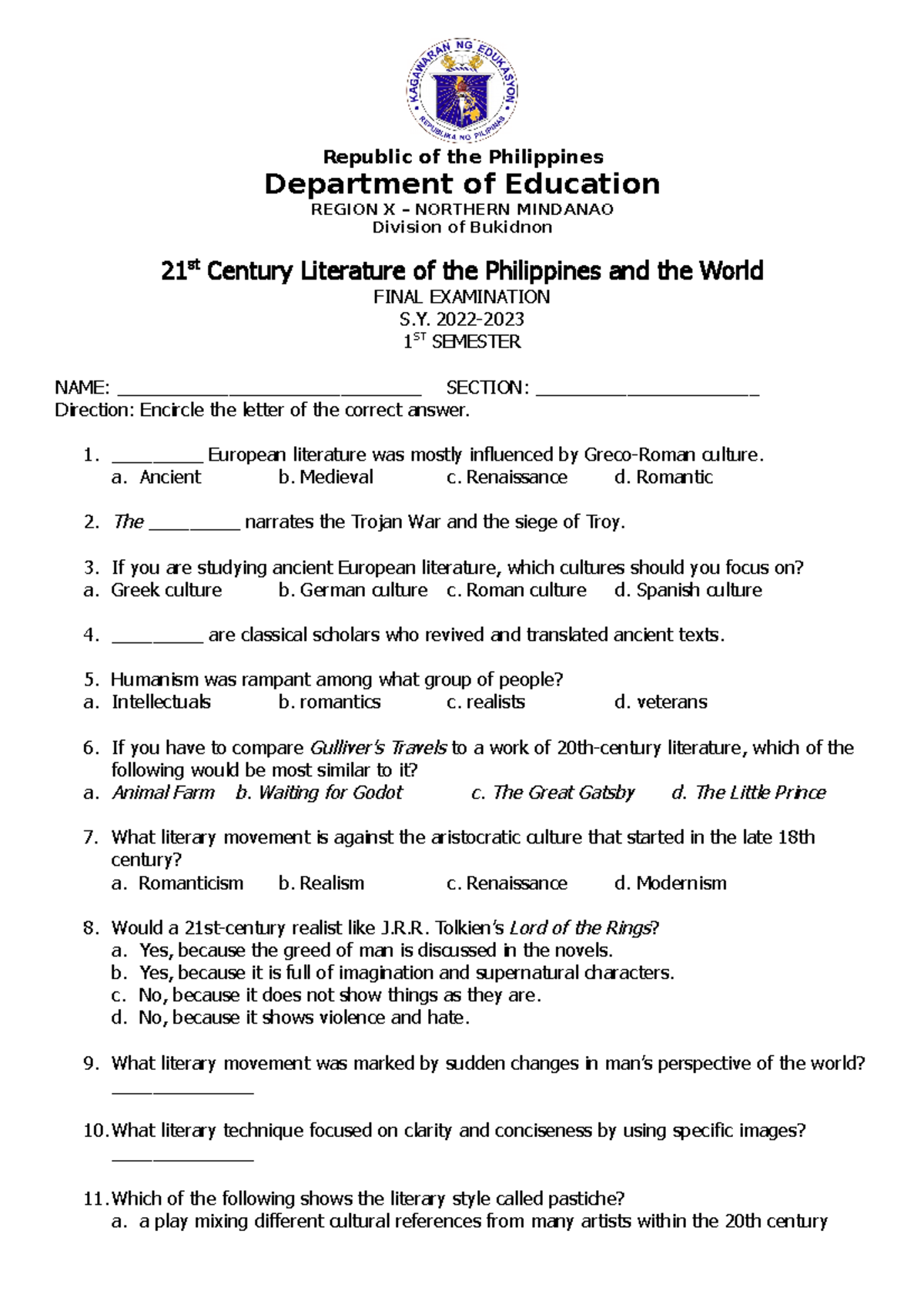 Final EXAM ON 21ST Century Literature - Republic of the Philippines ...