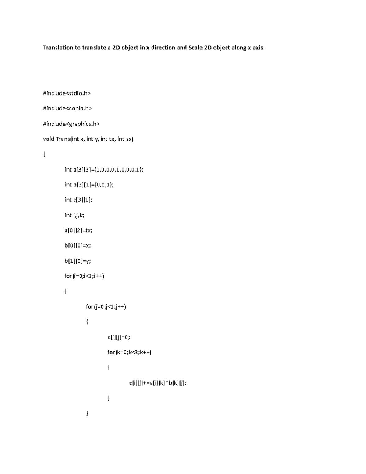 2-D Transformation - C Code - Translation to translate a 2D object in x ...