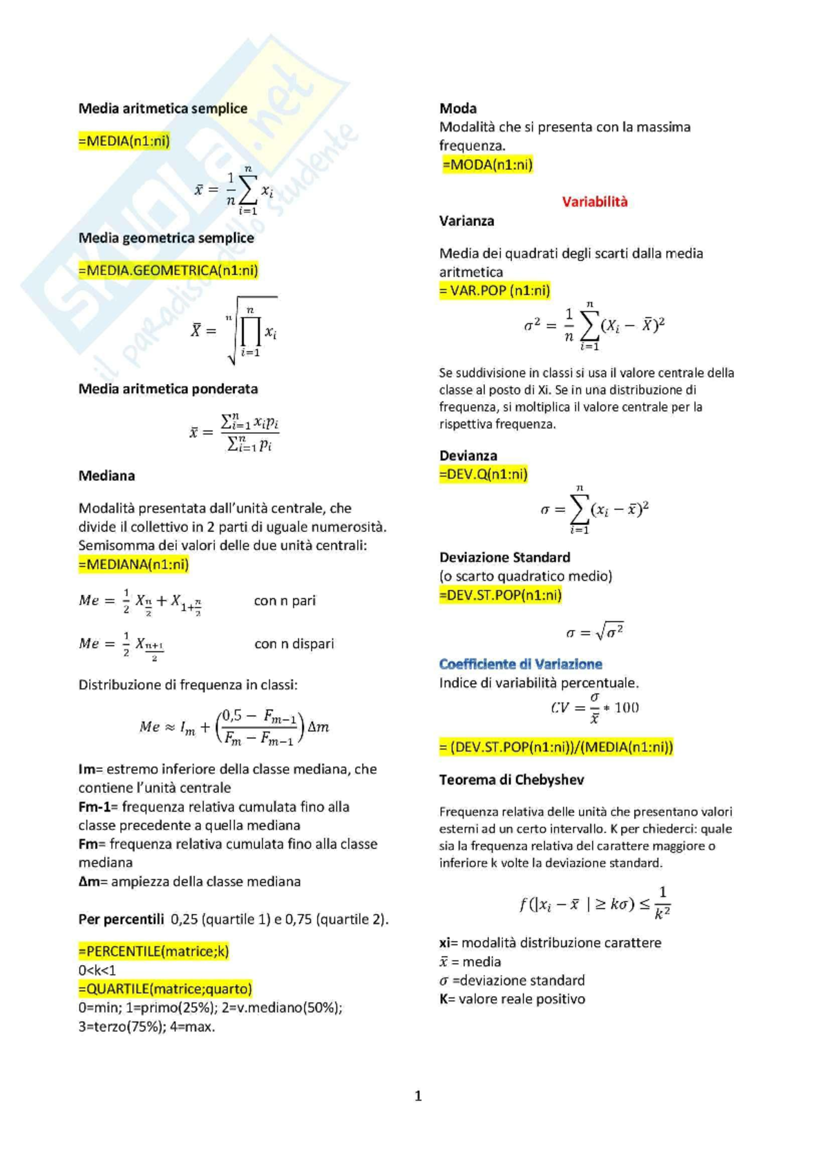 Formule statistica valide per tutti gli anni - Statistica - Studocu