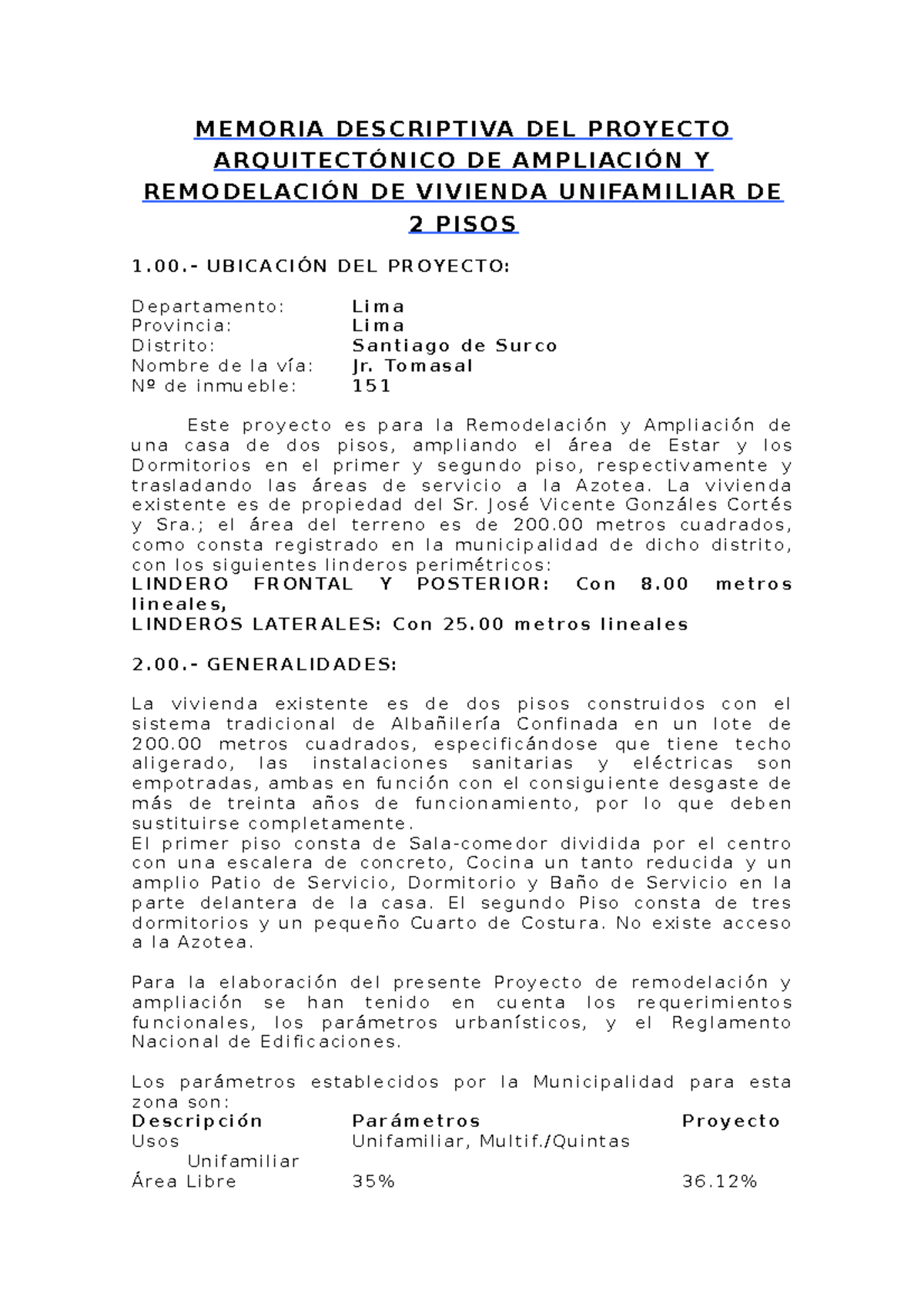 Memoria Descriptiva DEL Proyecto Arquite - MEMORIA DESCRIPTIVA DEL ...