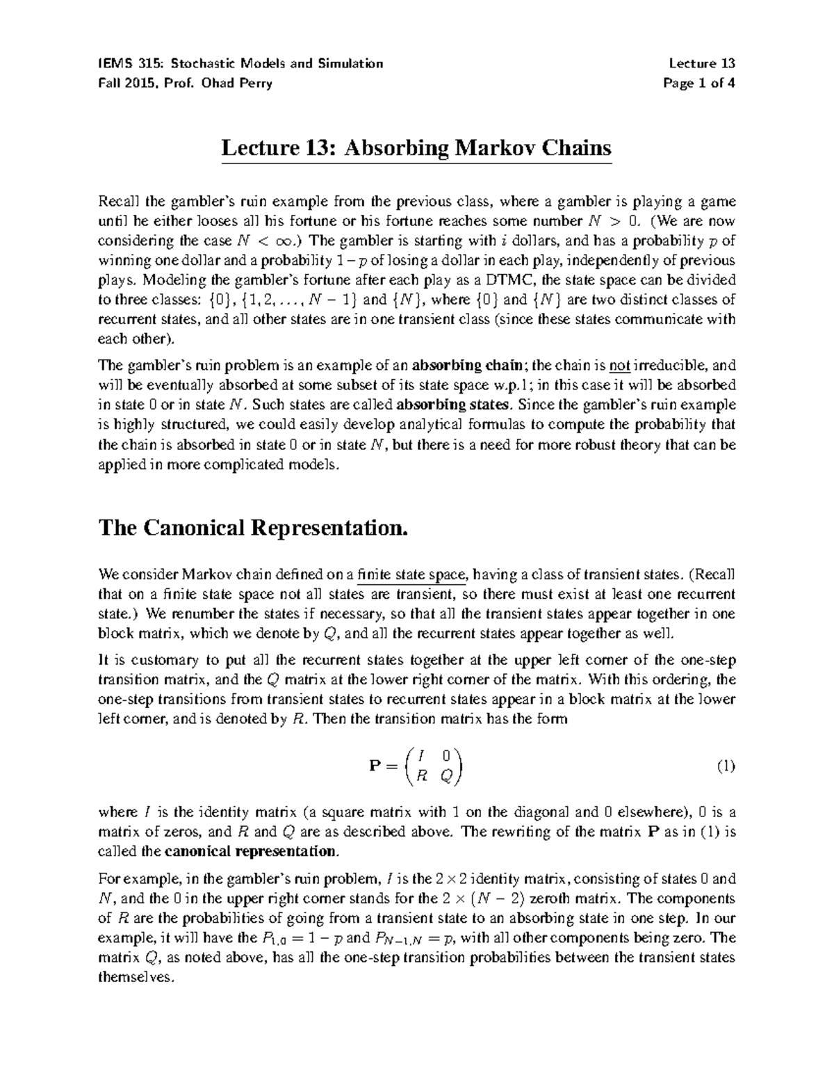 315 Lec13 Lecture Notes 13 Iems 315 Stochastic Models And Simulation Lecture 13 Fall 2015