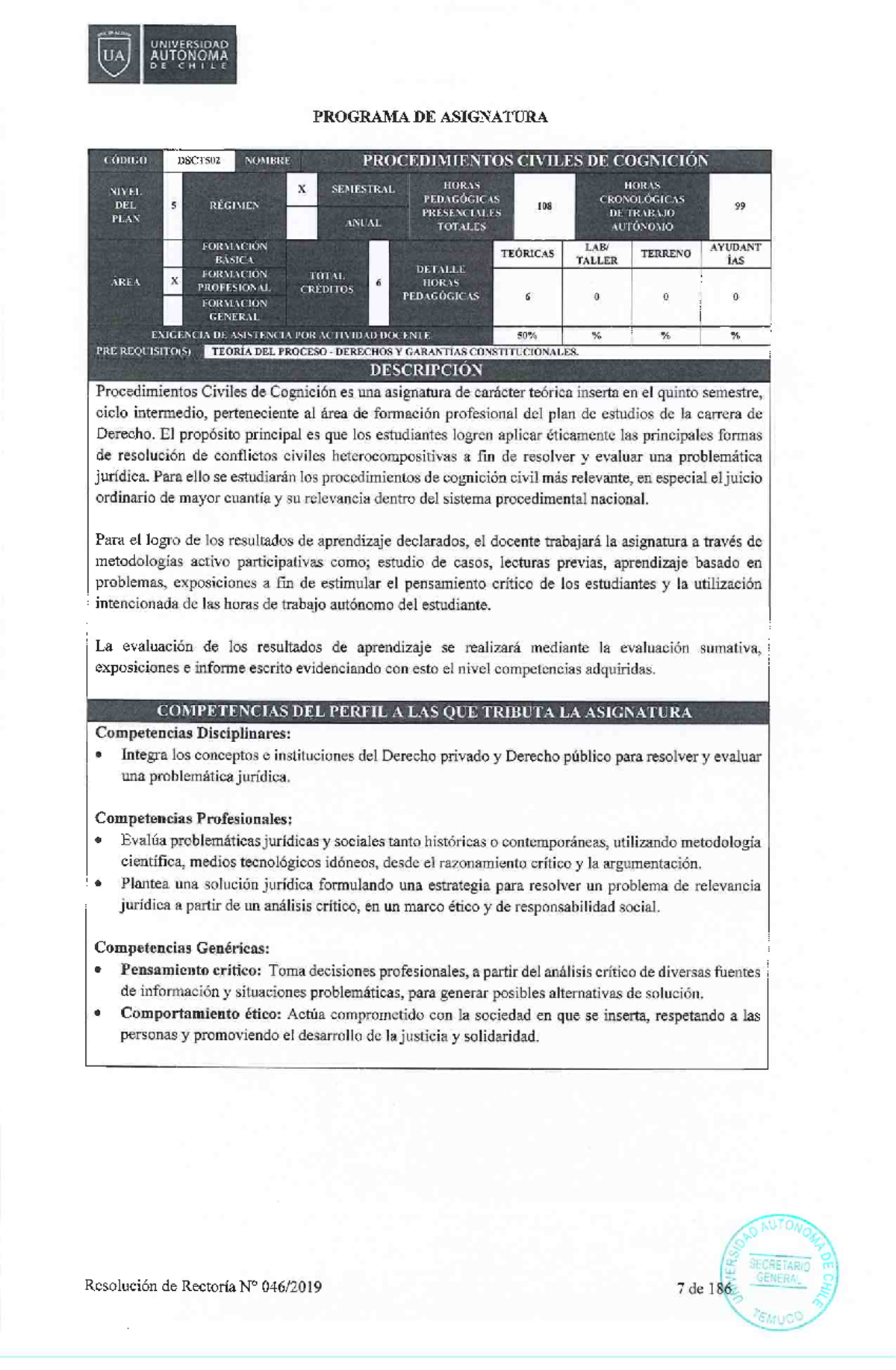 Programa de clases - UNIVERSIDAD UA AUTONOMA DE CHILE PROGRAMA DE ...