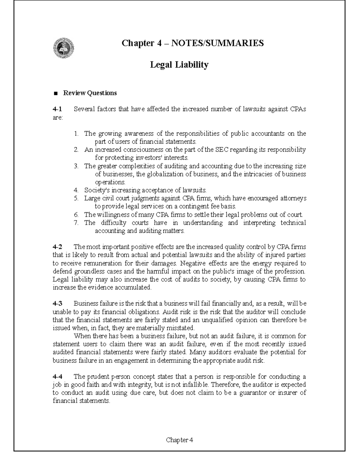 Legal Liability - Auditing Review Questions - Chapter 4 – NOTES ...