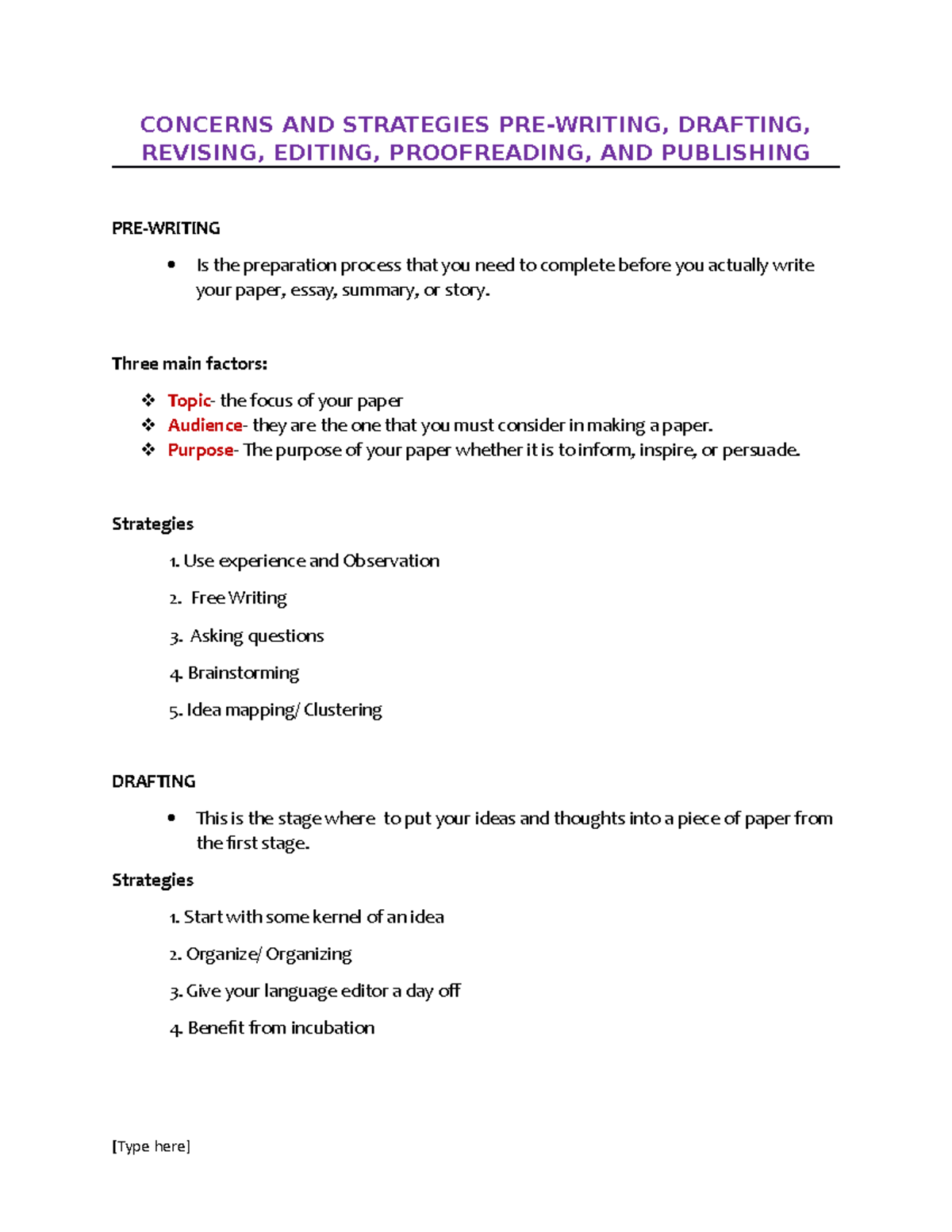 Concerns AND Strategies PRE Writing Drafting Revising Editing ...