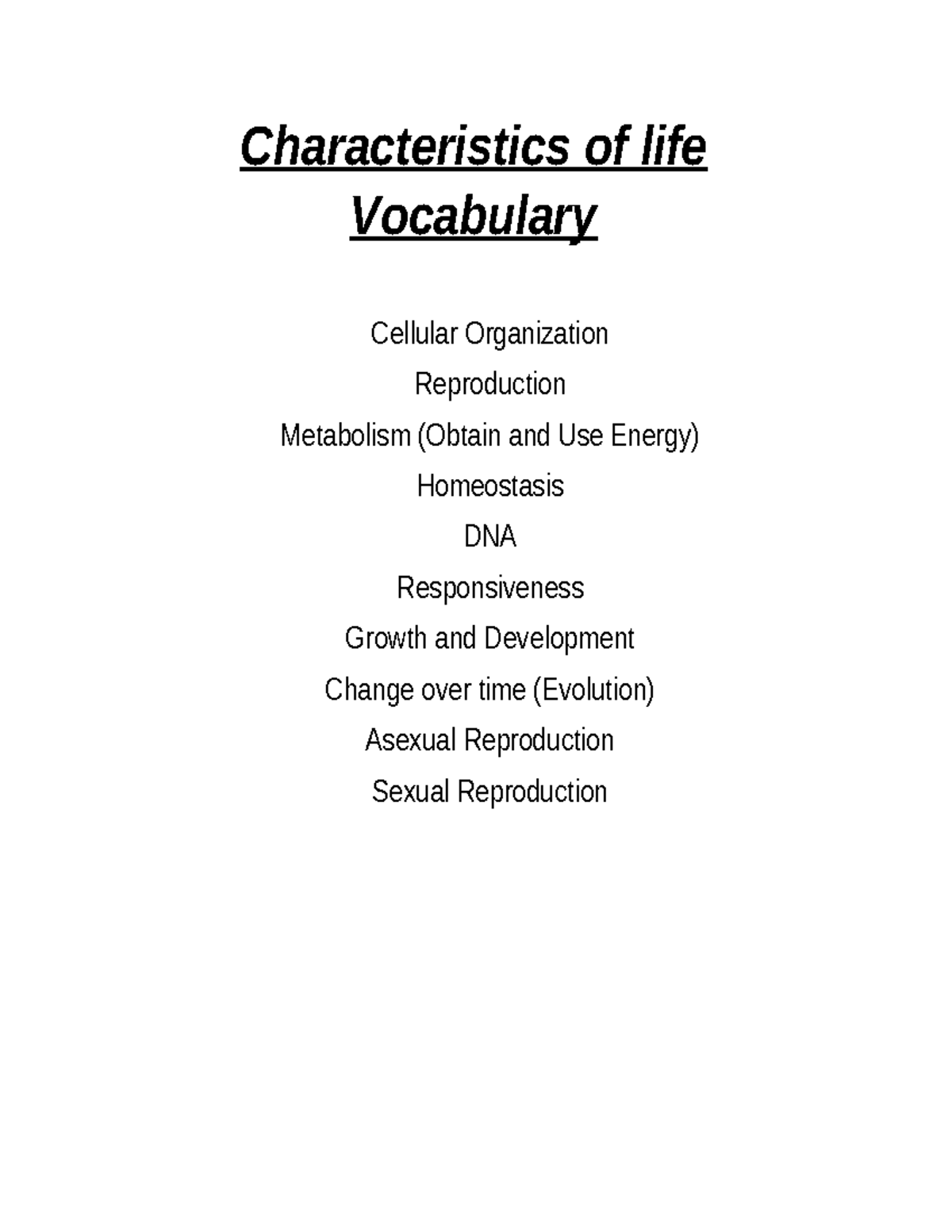 Biology Vocabulary 24' - Characteristics of life Vocabulary Cellular ...