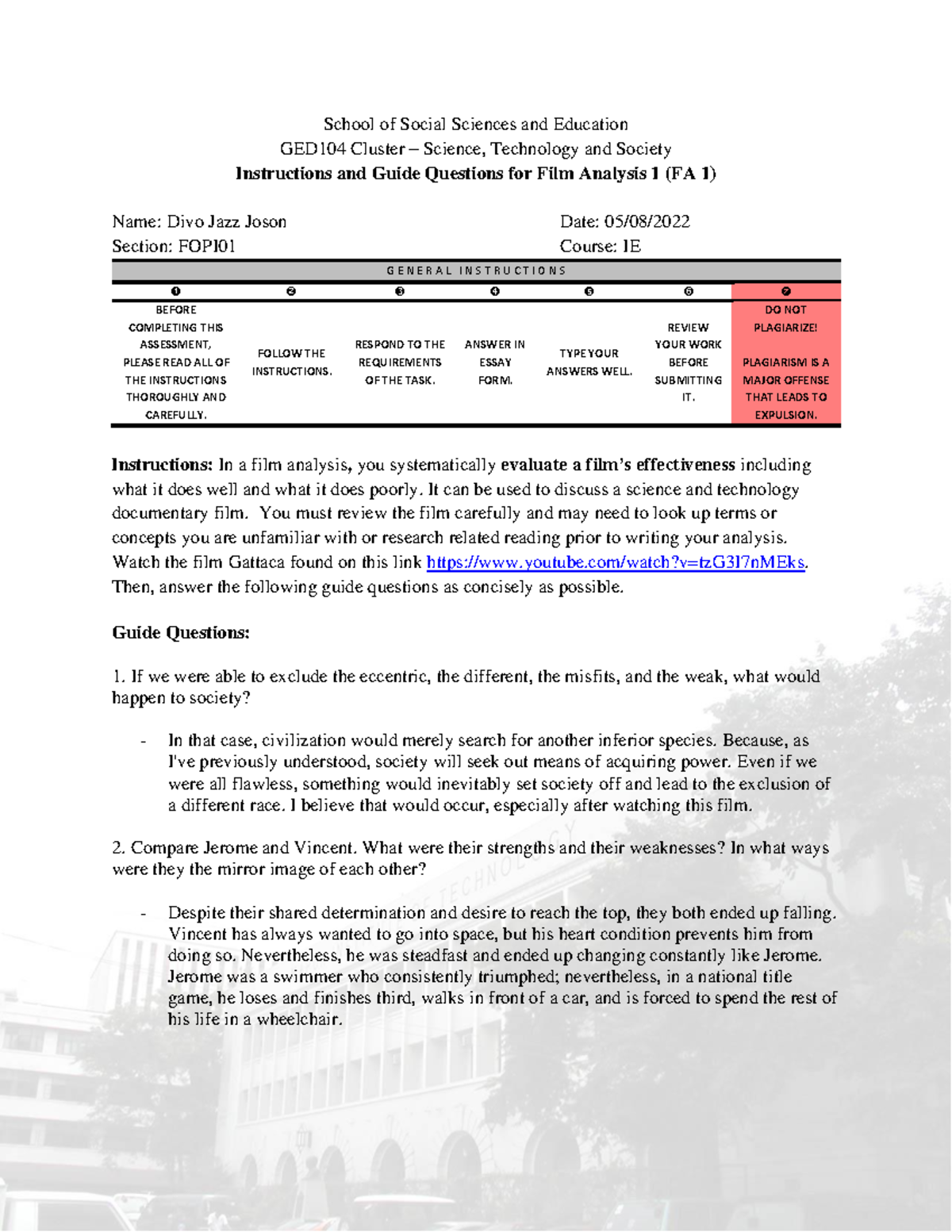 Film Analysis 1 - FOLLOW THE INSTRUCTIONS. RESPOND TO THE REQUIREMENTS ...