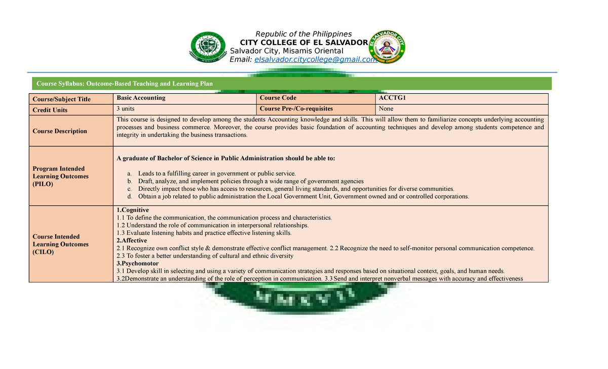 Syllabi Standard Format Basic Accounting - Republic of the Philippines ...