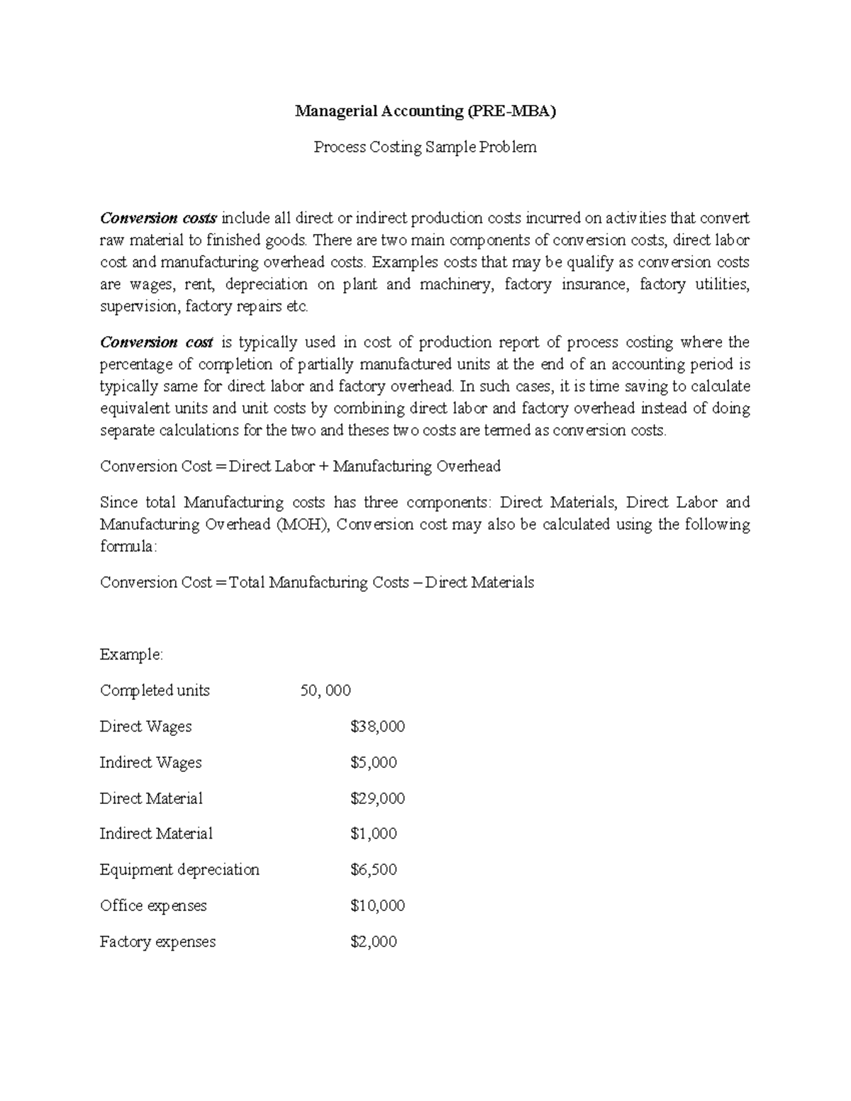 Conversion Cost Example - Managerial Accounting (PRE-MBA) Process ...