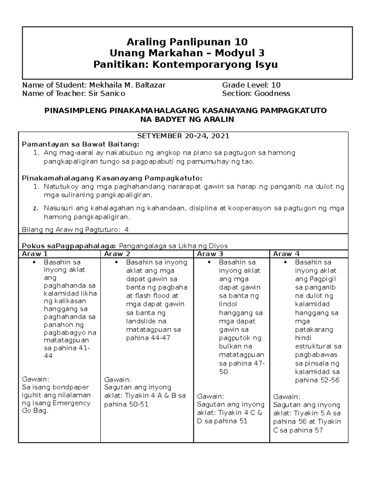 AP10-1-3 - module - Name of Student: Mekhaila M. Baltazar Grade Level ...