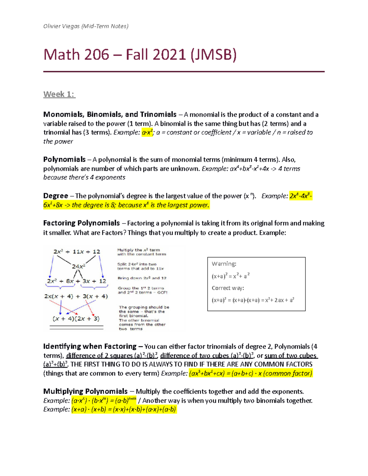 Math 206 - Notes (Fall 2021) - Olivier Viegas (Mid-Term Notes) Math 206 ...