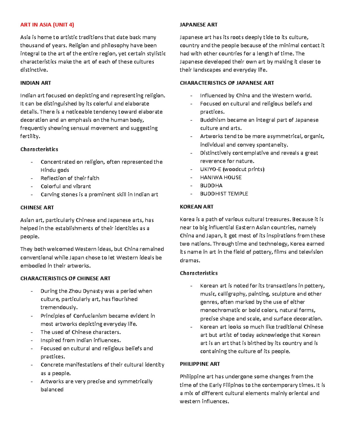 ART IN ASIA UNIT 4 reviewer - ART IN ASIA (UNIT 4) Asia is home to ...