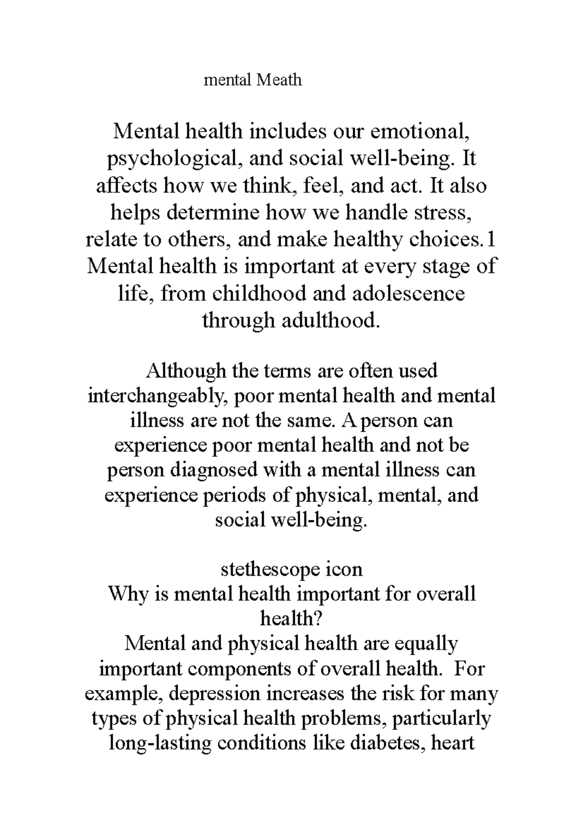 Mental Meath homework - bien - mental Meath Mental health includes our ...