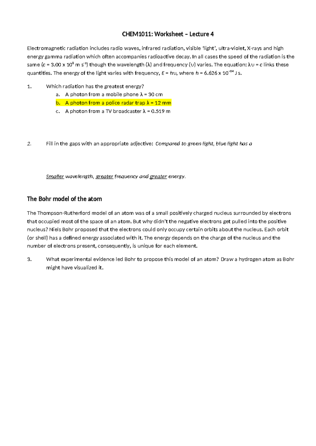 Worksheet 04 - CHEM1011: Worksheet – Lecture 4 Electromagnetic ...