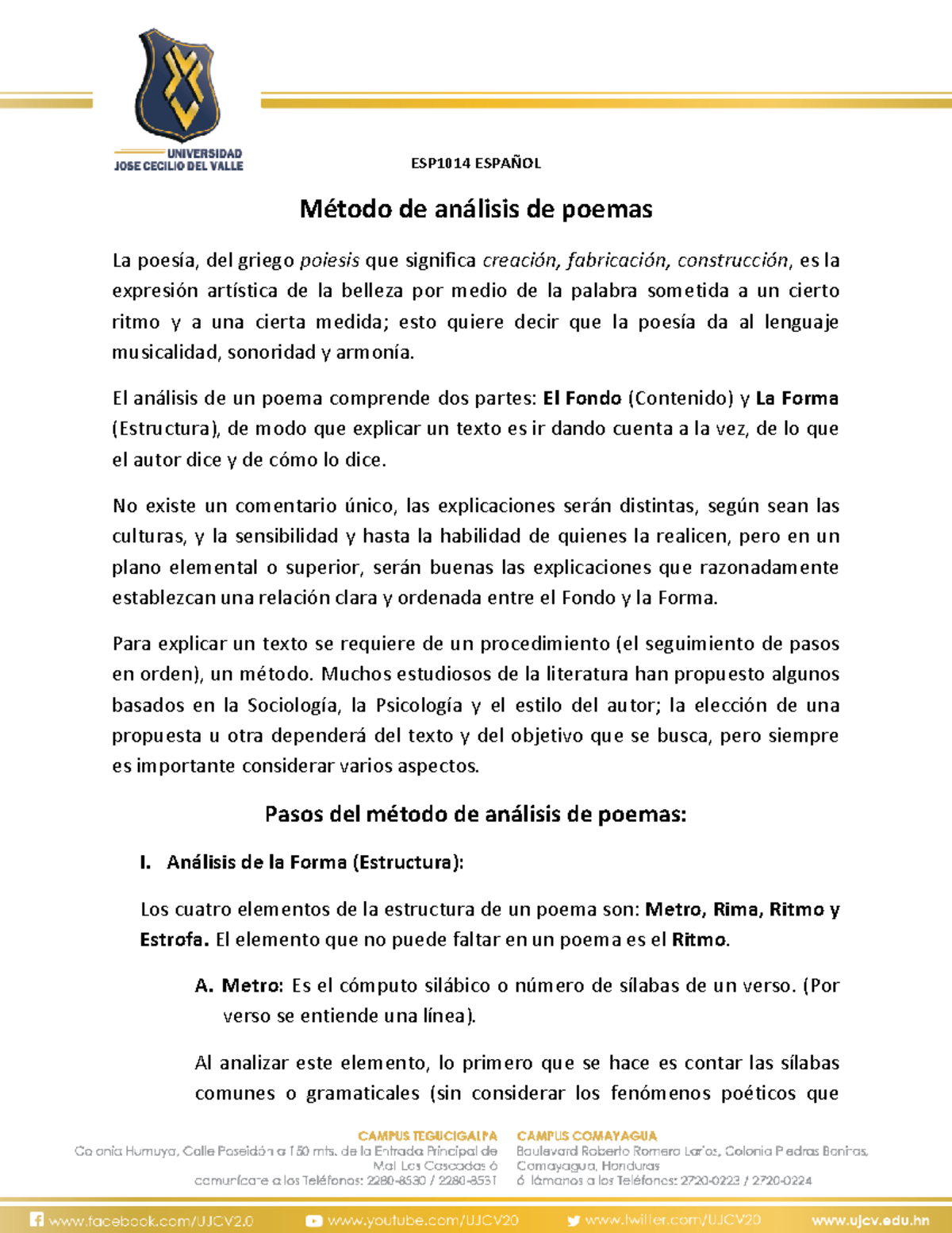 Metodo de Analisis de Poemas - ESP1014 ESPAÑOL Método de análisis de ...