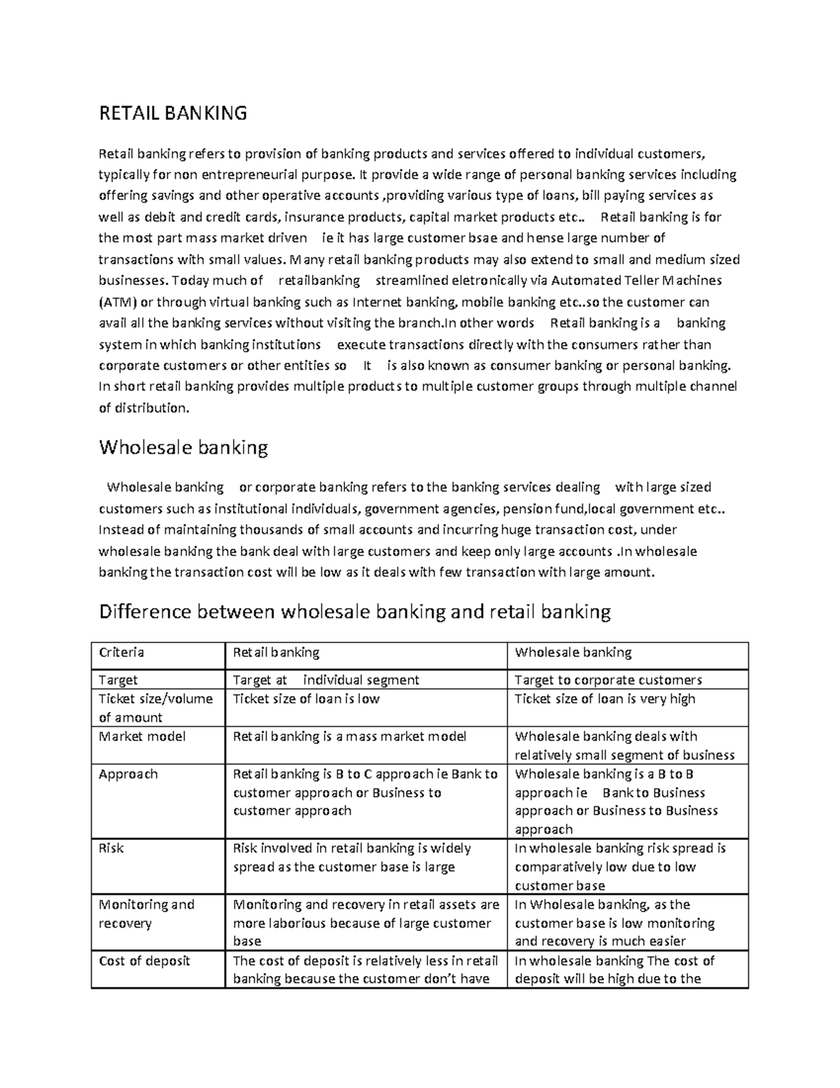 Retail banking - Lecture notes - RETAIL BANKING Retail banking refers ...