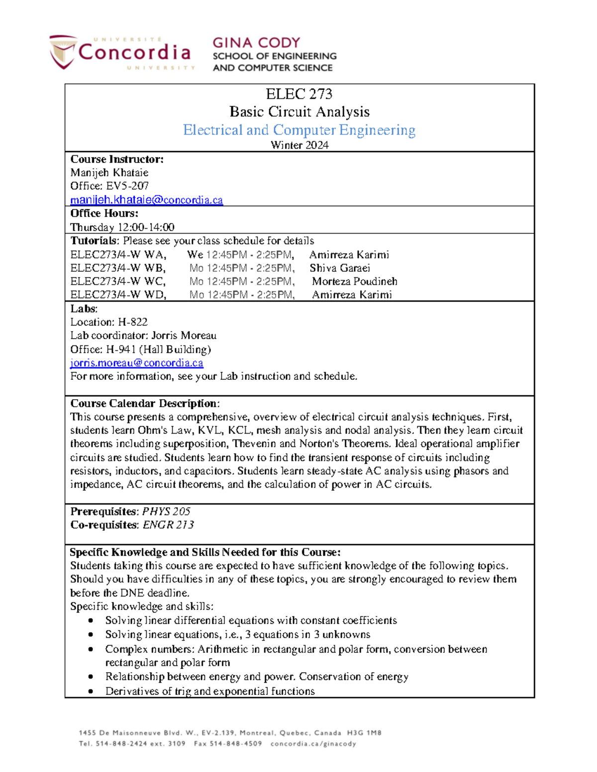 ELEC 273 - Course Outline - ELEC 273 Basic Circuit Analysis Electrical and Computer Engineering ...