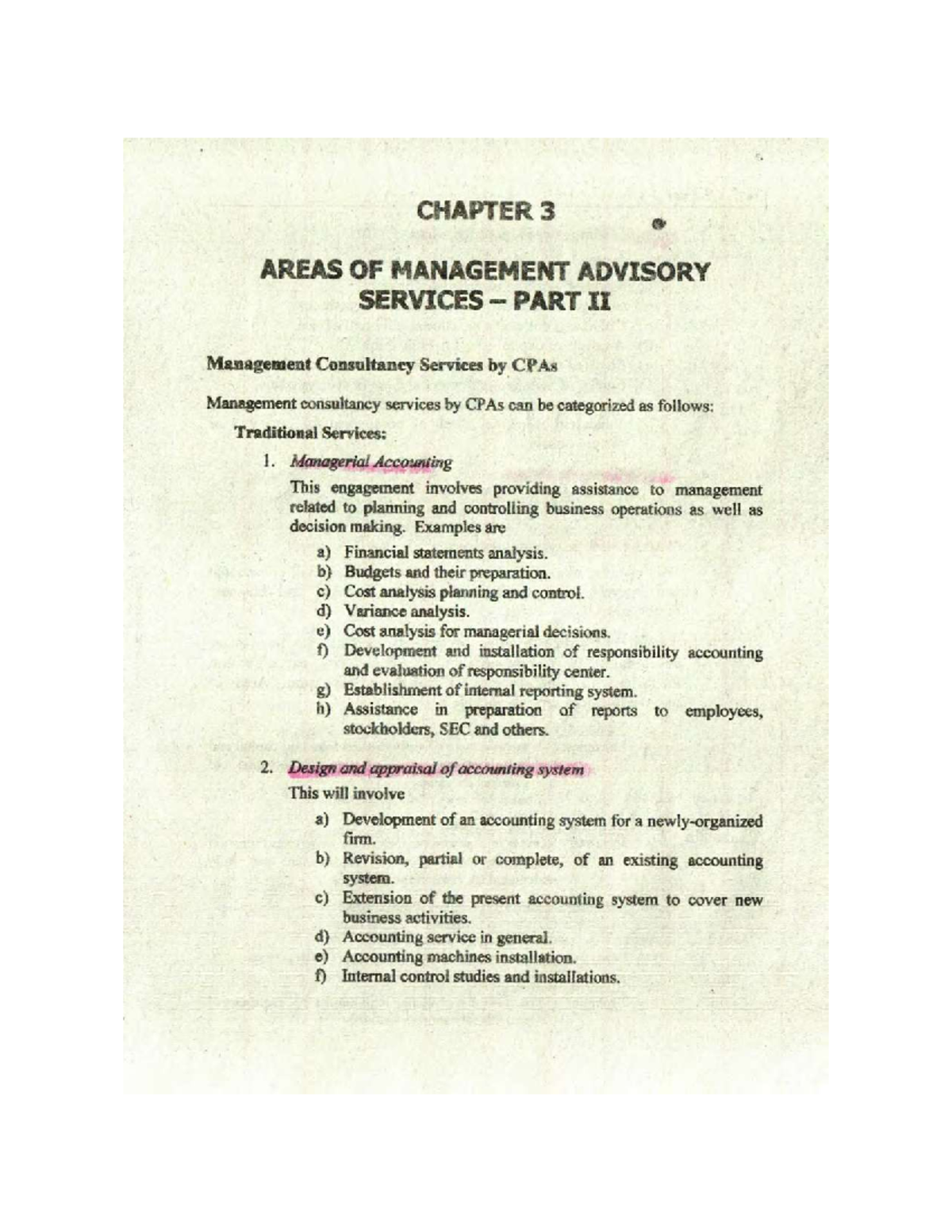 Lesson 3 1st Exam - ACC - CHAPTER 3 AREAS OF MANAGEMENT ADVISORY ...