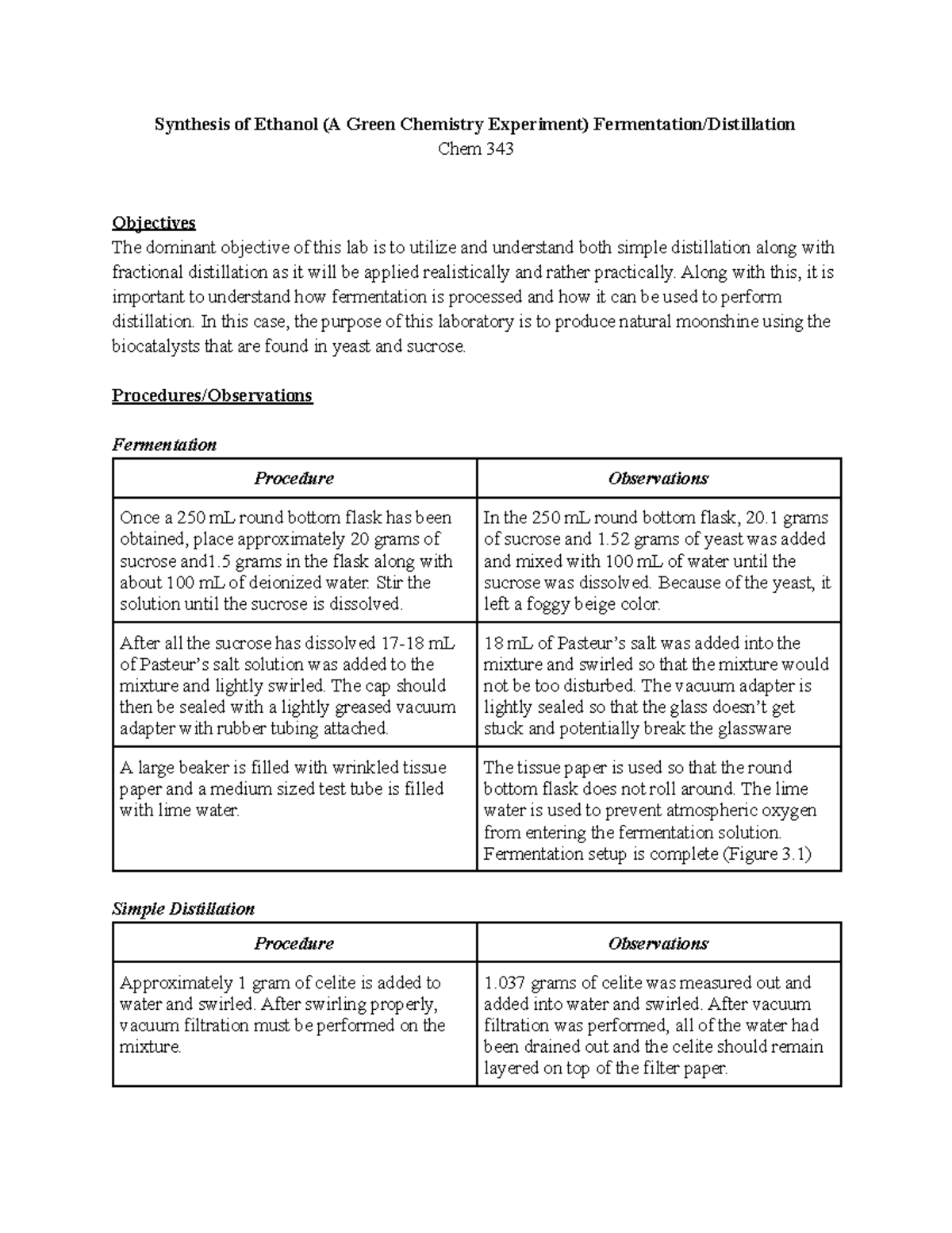 Synthesis of Ethanol (A Green Chemistry Experiment) Fermentation ...