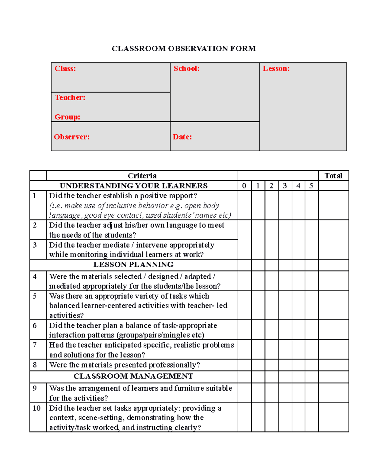3 Phiếu dự giờ Học viên - Practice materials - CLASSROOM OBSERVATION ...