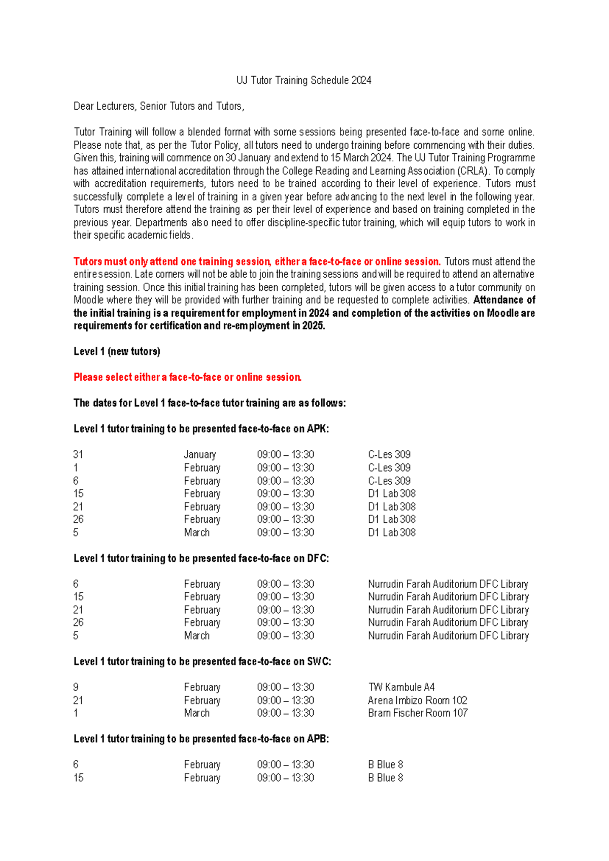 UJ Tutor Training 2024 - none - UJ Tutor Training Schedule 2024 Dear ...