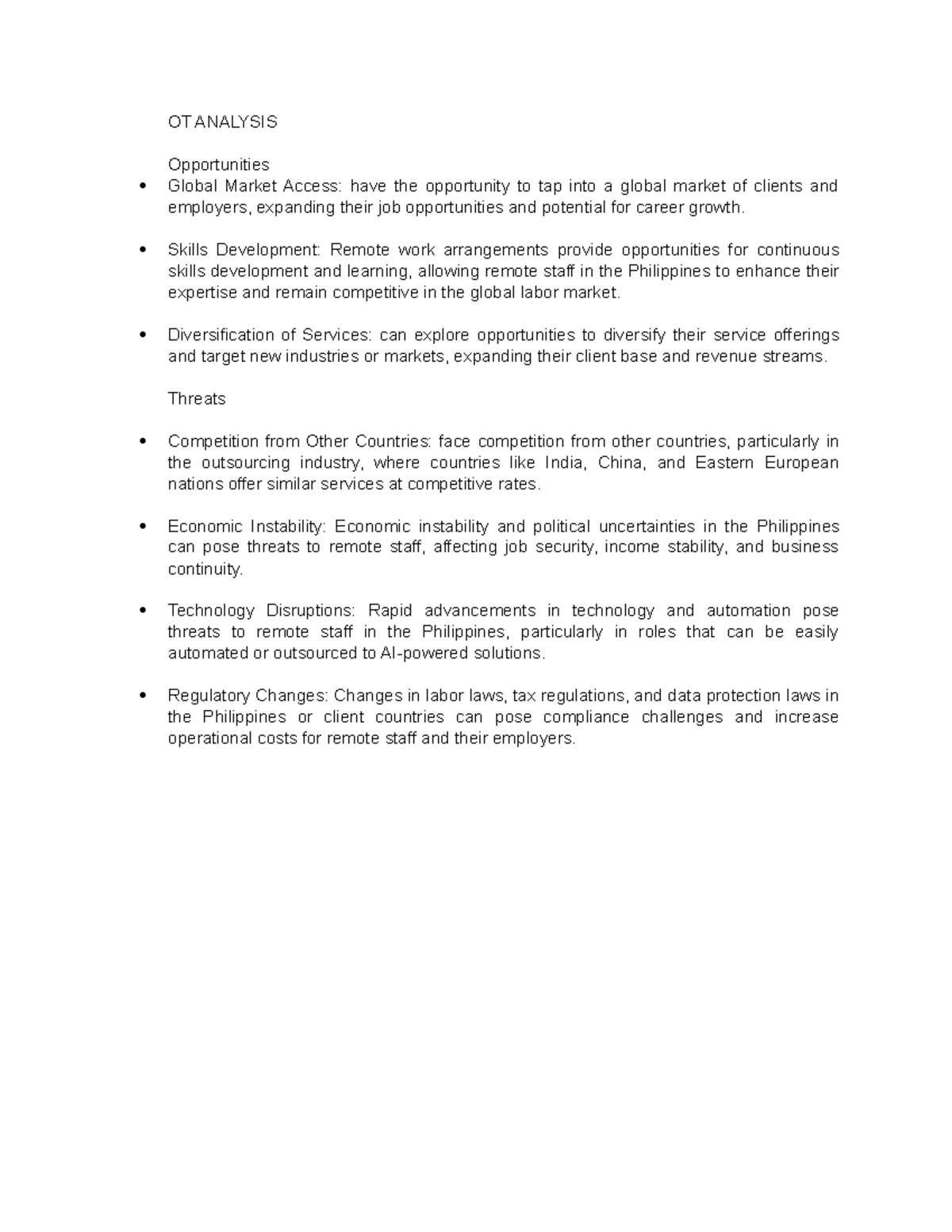 OT Analysis - OT ANALYSIS Opportunities Global Market Access: have the ...