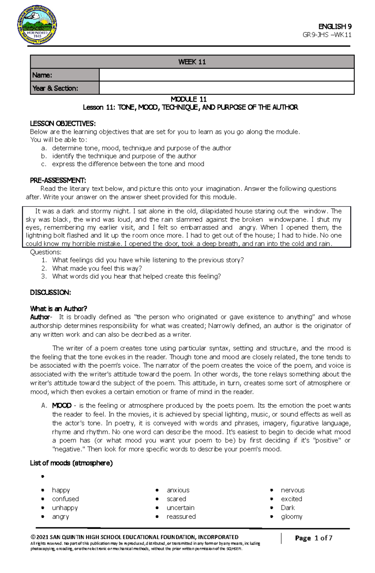 ENG9 Q2 WEEK 11Answer Sheet FOR WEEK 1 & 2 for modules grade 9 ...