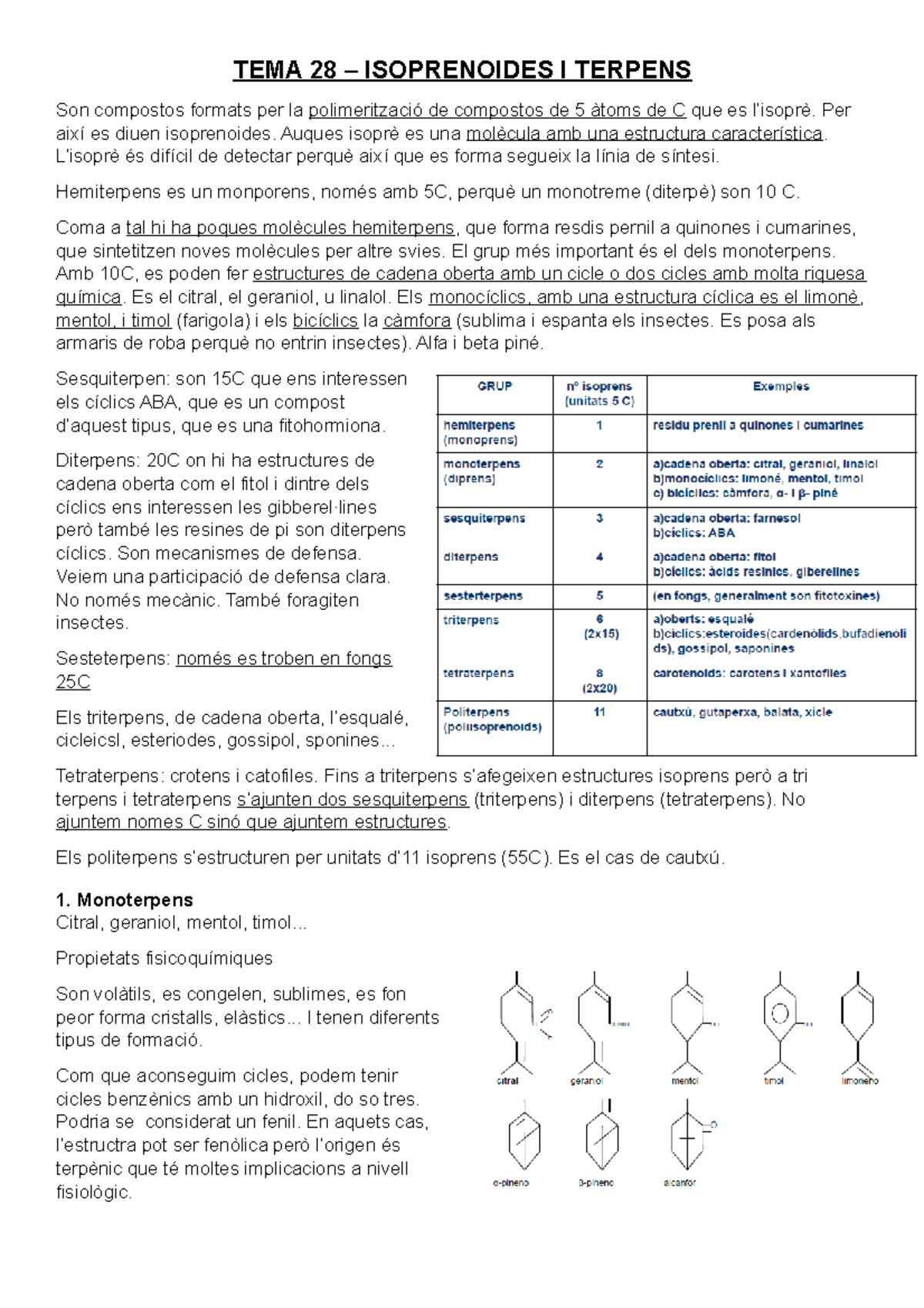 TEMA 28 – Isoprenoides I Terpens - TEMA 28 – ISOPRENOIDES I TERPENS Son ...