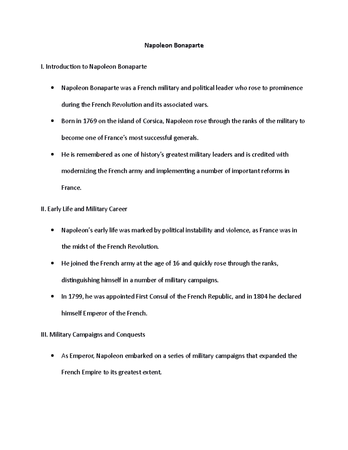 Napoleon Bonaparte Notes - Napoleon Bonaparte I. Introduction to ...