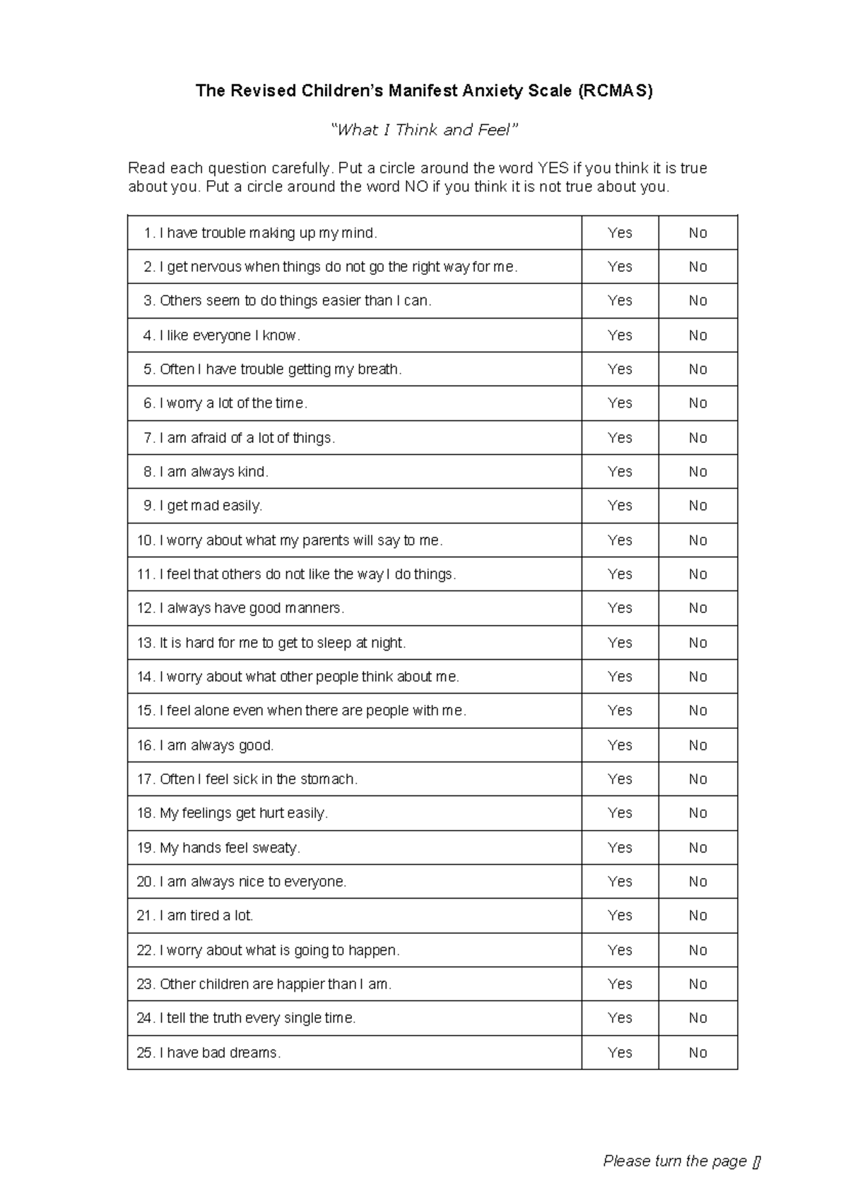 Revised childrens manifest anxiety scale - The Revised Children’s ...