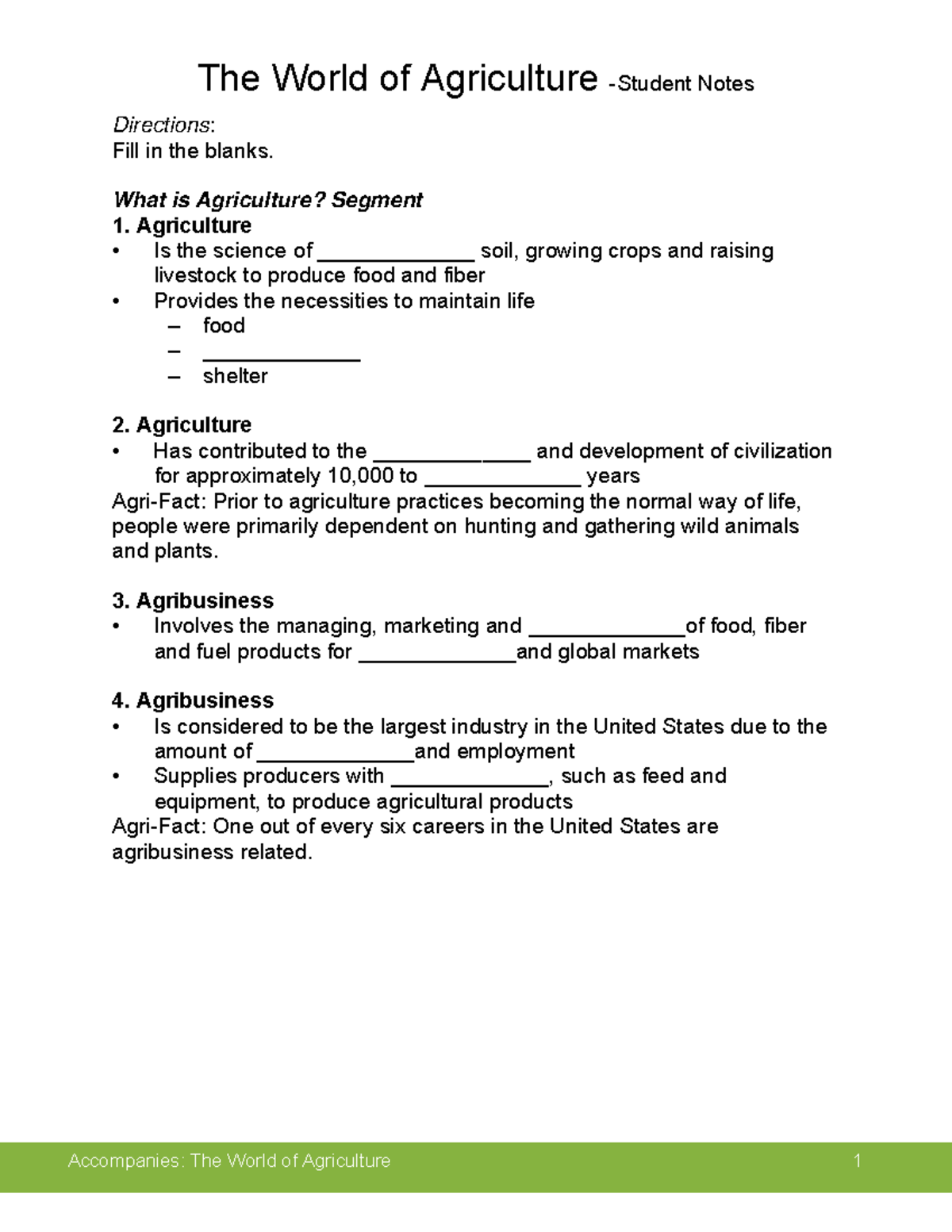 Student Notes - Directions: Fill in the blanks. What is Agriculture ...