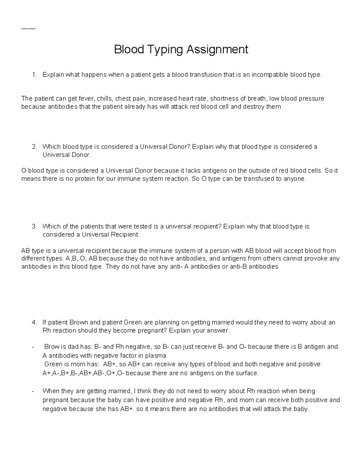 BIO218 Blood Typing Assignment - ____ Blood Typing Assignment Explain ...