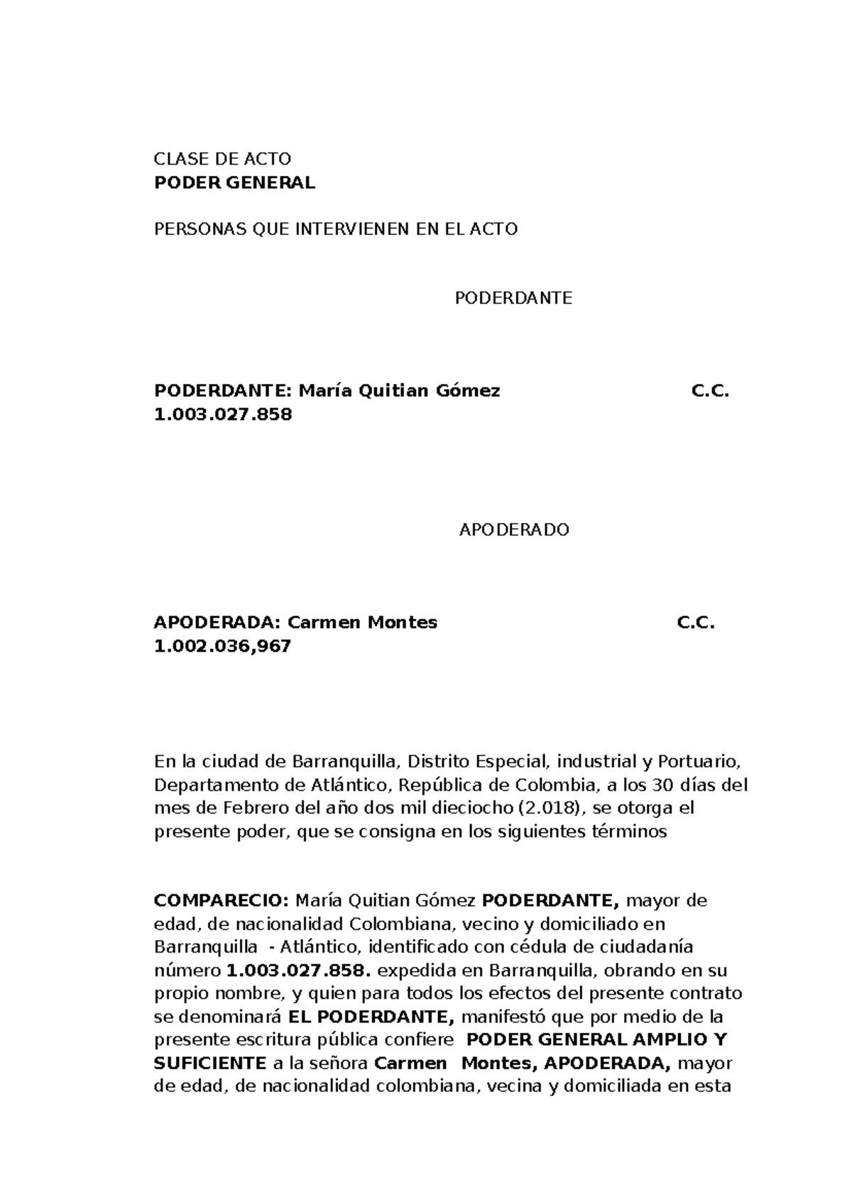 Poder general - CLASE DE ACTO PODER GENERAL PERSONAS QUE INTERVIENEN EN ...