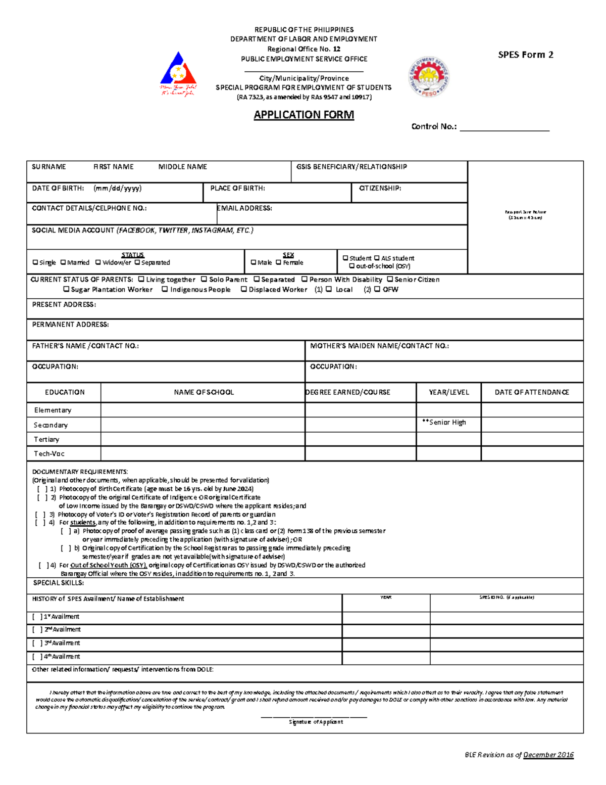 SPES FORM 2024 - BLE Revision as of December 2016 SURNAME FIRST NAME ...