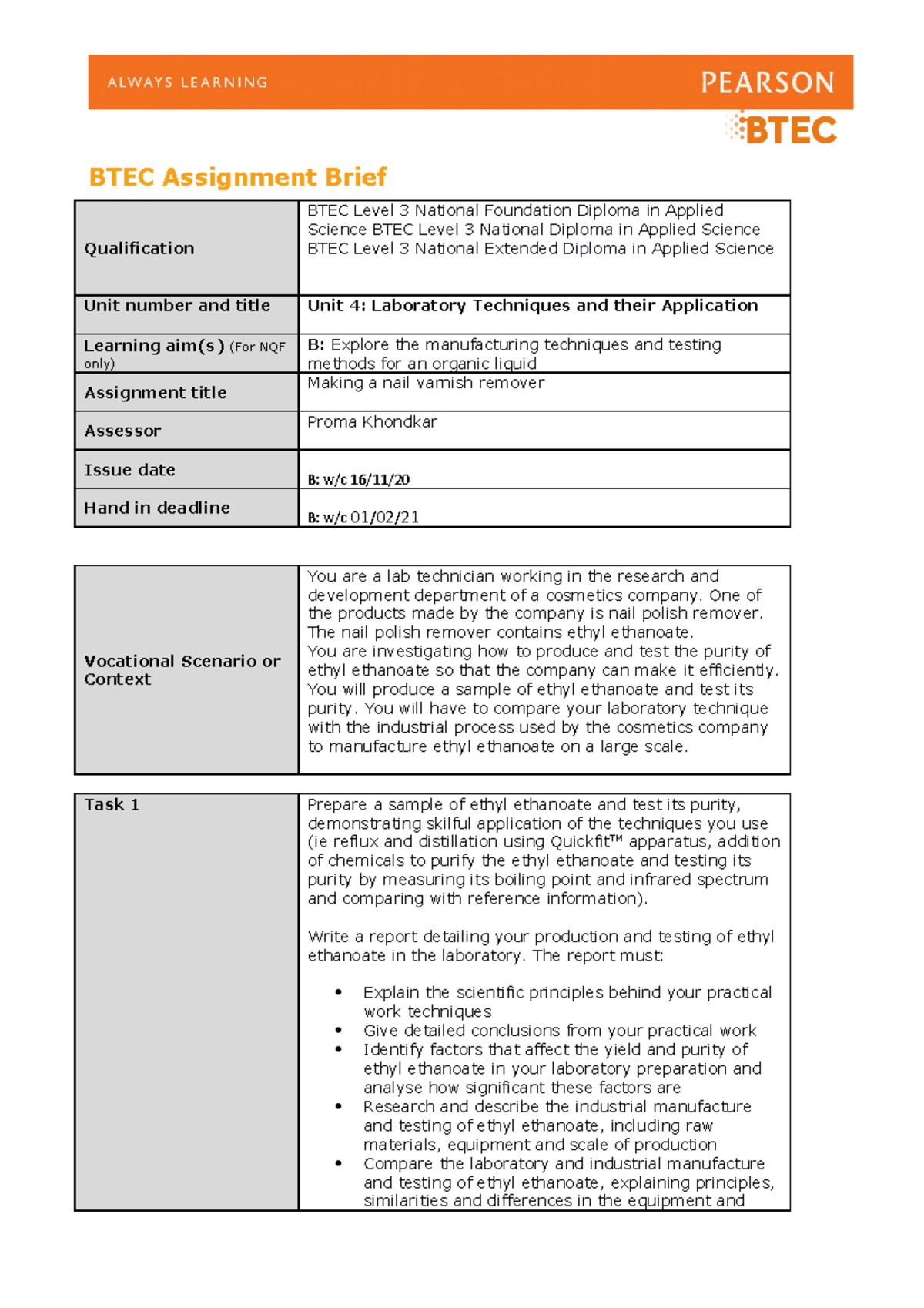 Authorised Assignment Brief for Learning Aim B - Unit 4 Laboratory Techniques and their ...