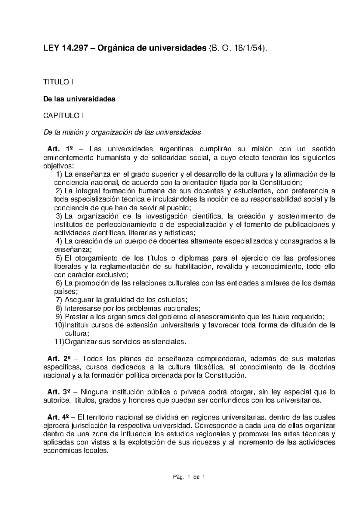 Ley N° 14297 - LEY 14 – Orgánica de universidades (B. O. 18/1/54 ...