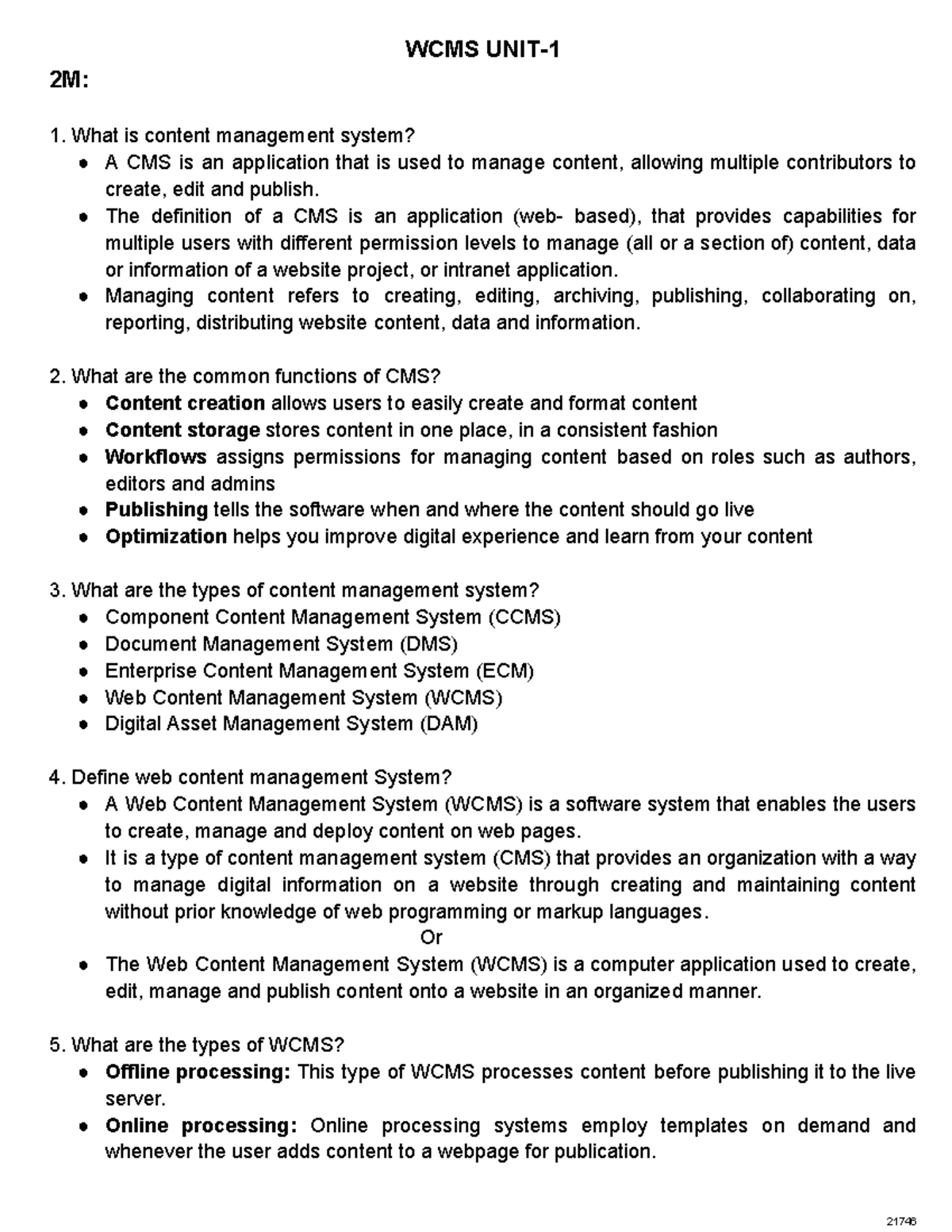 WCMS UNIT-1 - WCMS - WCMS UNIT- 2M: 1. What is content management system? A CMS is an ...