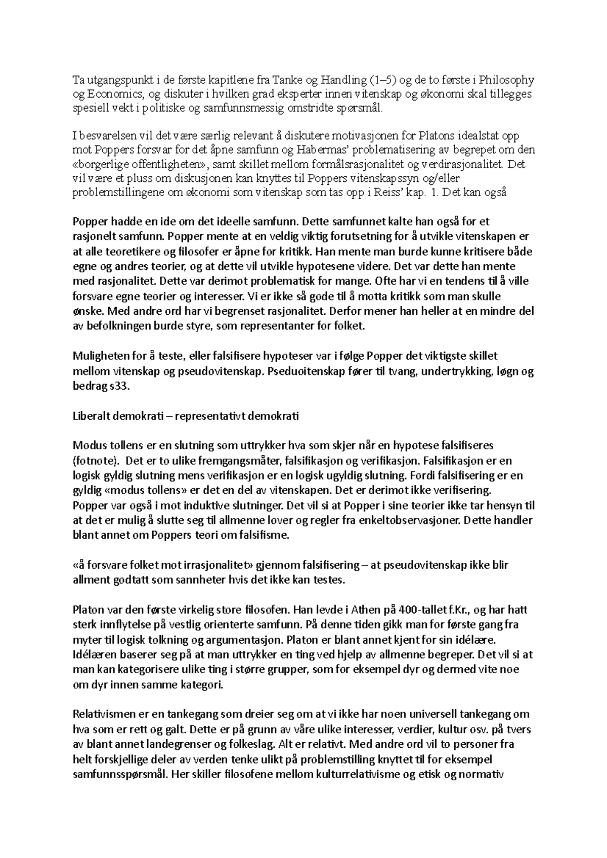 Exphil oblig - Platon og Popper - Ta utgangspunkt i de første kapitlene fra Tanke og Handling (1 ...