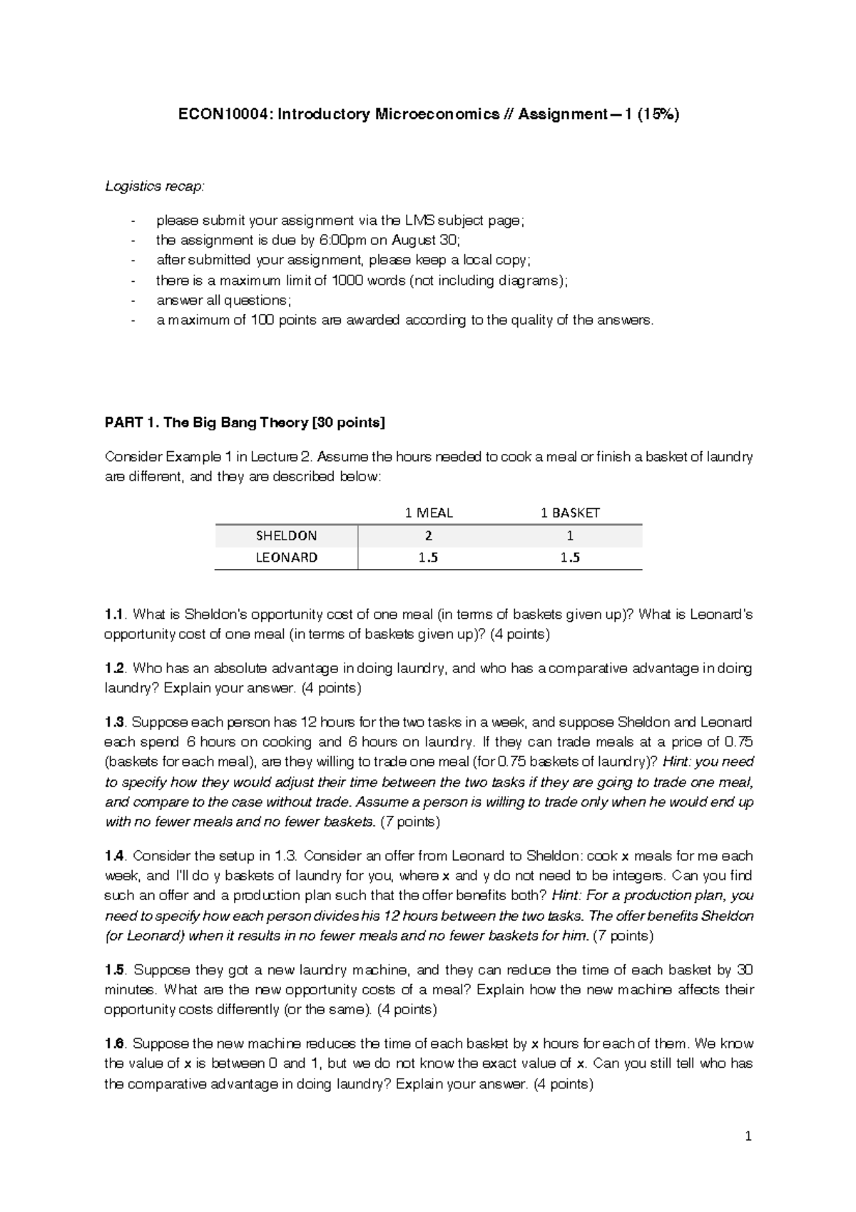 Assignment 1 ECON10004 2023 S2 - 1 ECON10004: Introductory Microeconomics // Assignment—1 (15% ...