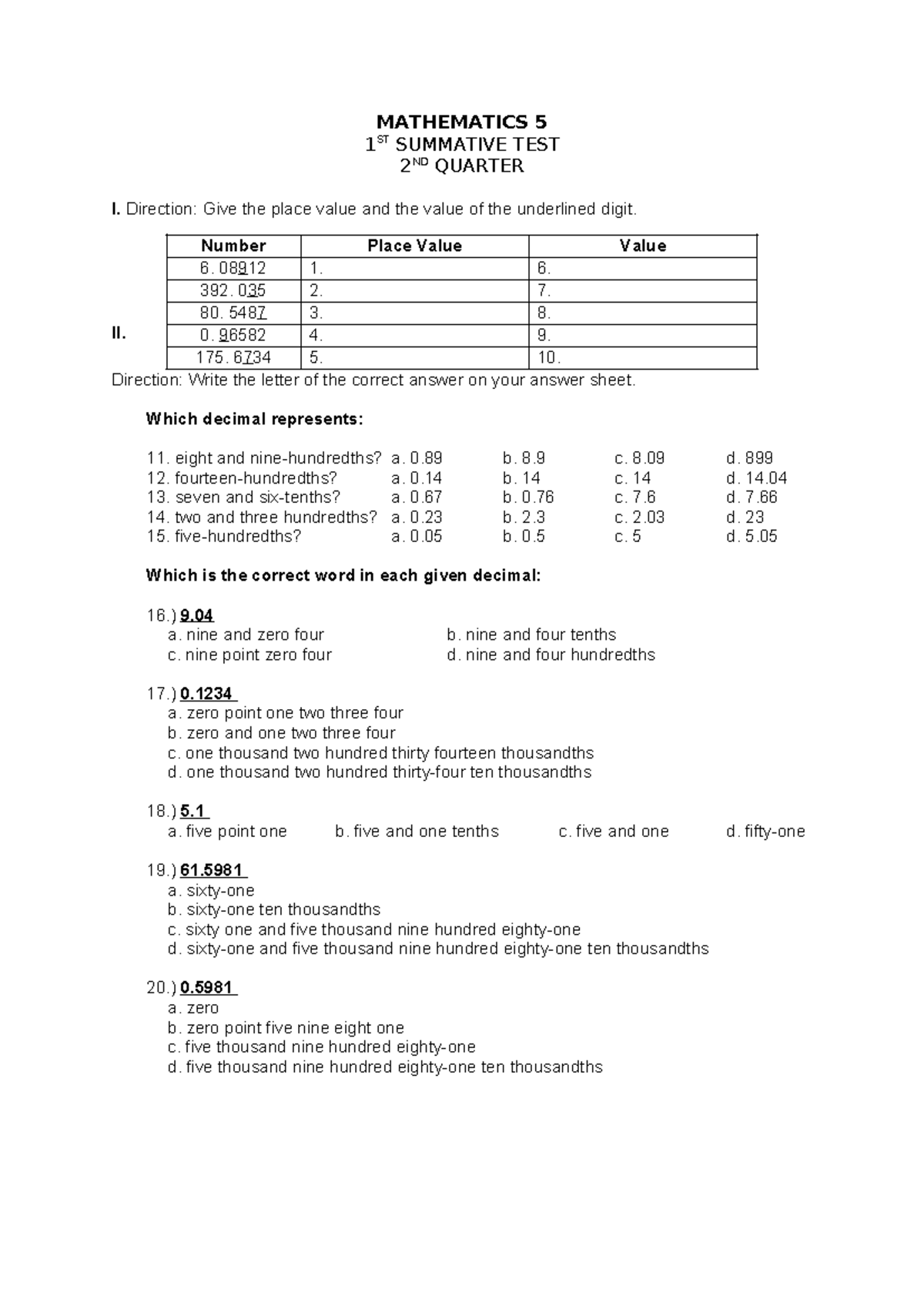 MATH 5 Q2 ST#1 - None - MATHEMATICS 5 1 ST SUMMATIVE TEST 2 ND QUARTER ...
