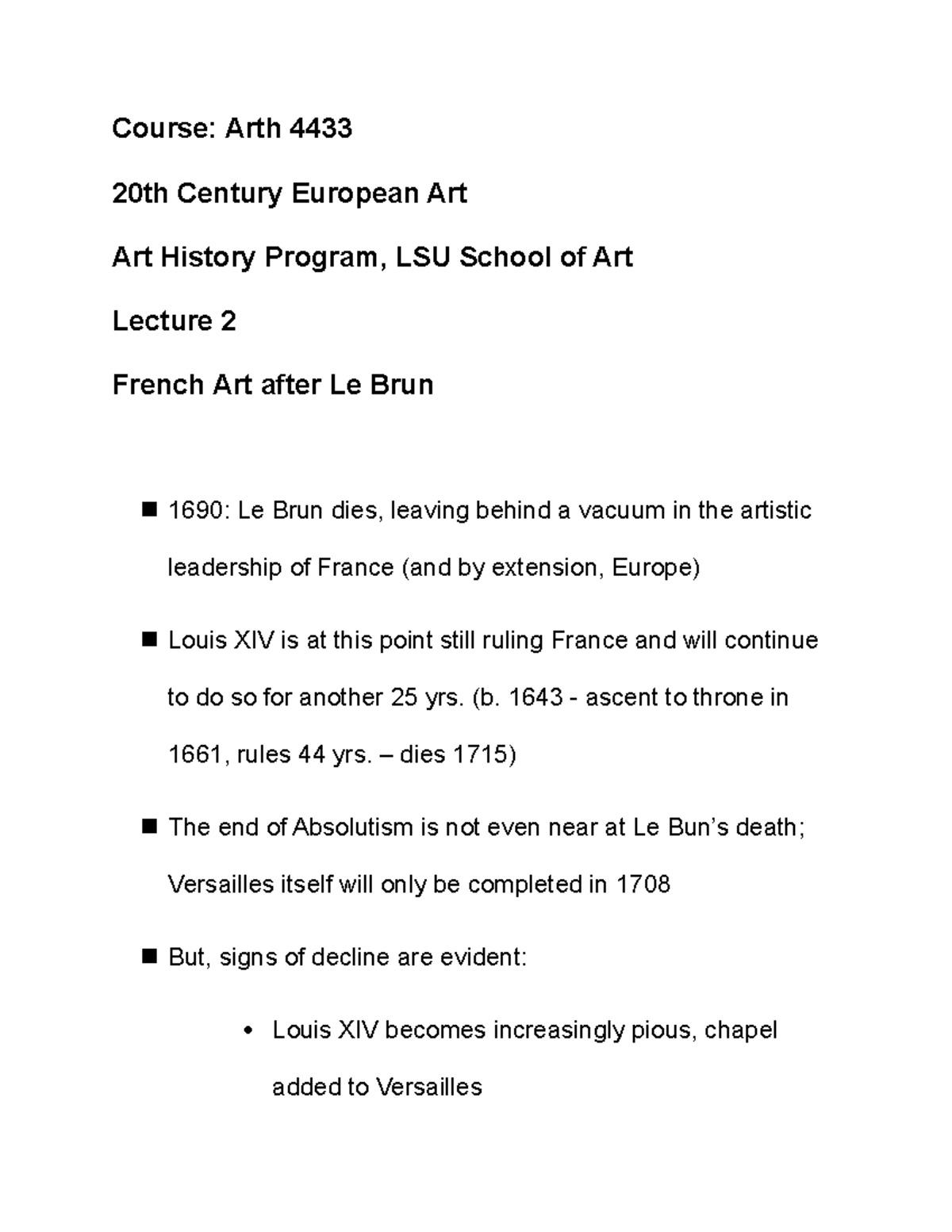 French Art after Le Brun - Course: Arth 4433 20th Century European Art ...
