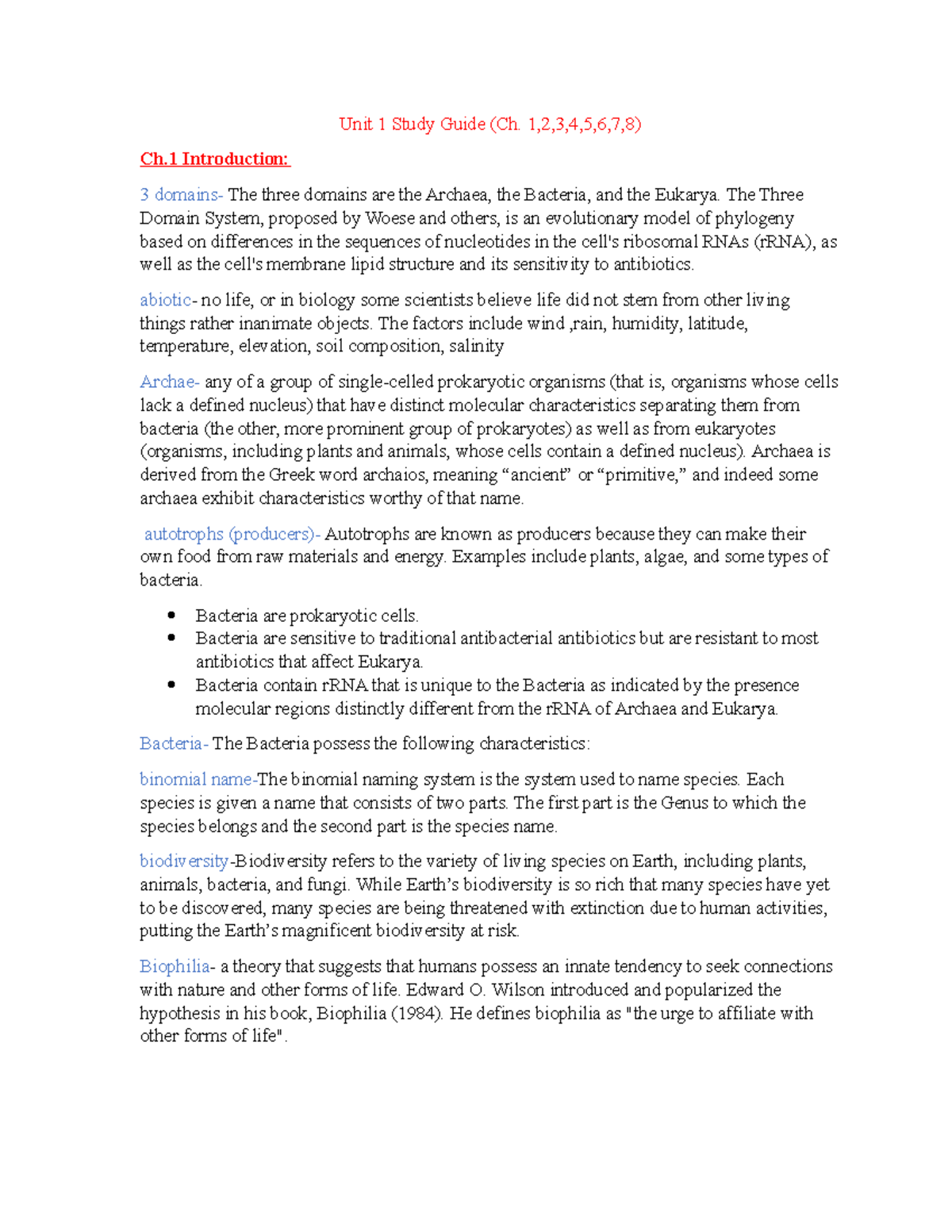 Unit 1 Study Guide Biology 4 - Unit 1 Study Guide (Ch. 1,2,3,4,5,6,7,8 ...
