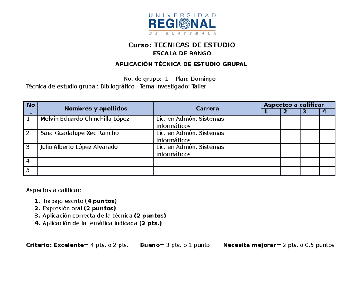 Escala DE Rango Tecnicas DE Estudio - Curso: TÉCNICAS DE ESTUDIO ESCALA ...